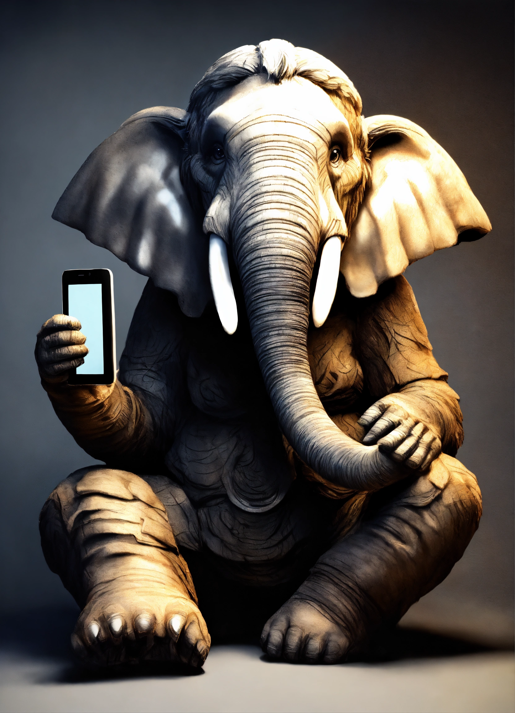 Lexica - Anthropomorphic mammoth sitting and holding a mobile phone ...