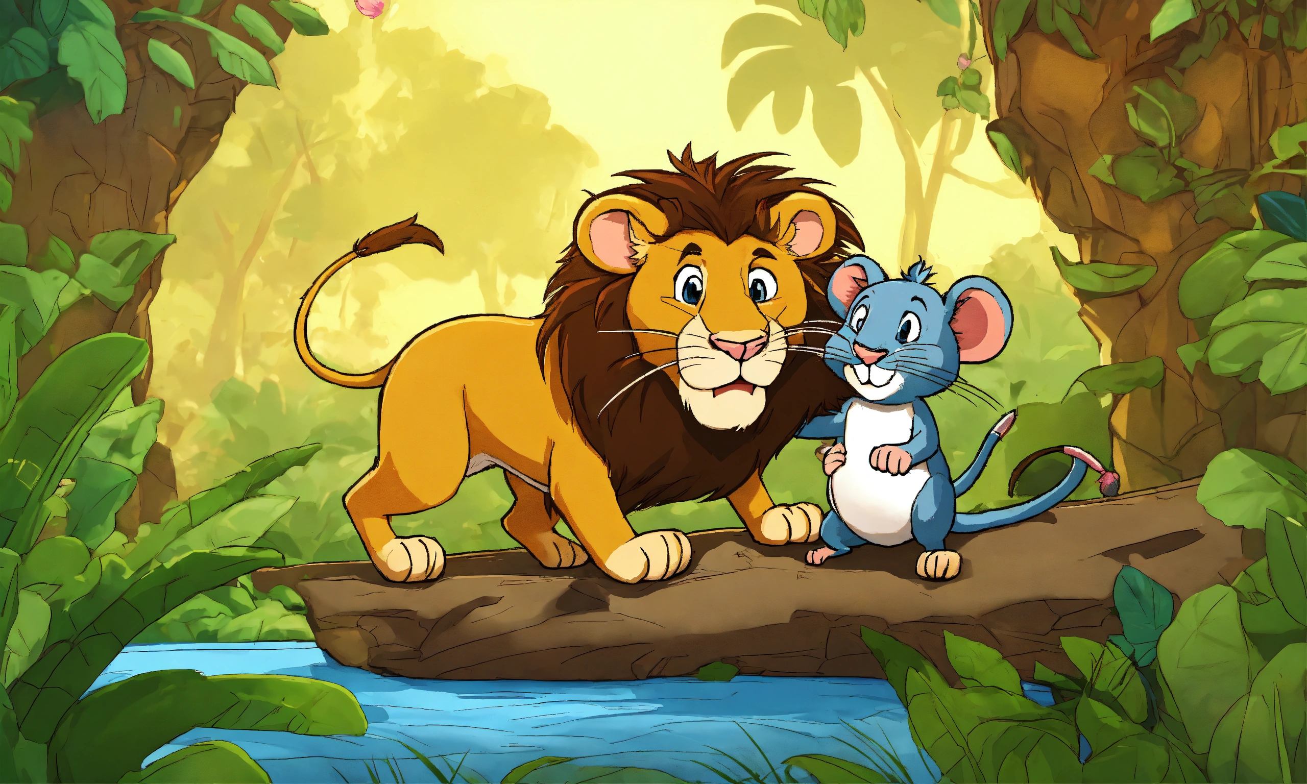 Lexica - A jungle cartoon rat is jumping on cartoon sleeping lion