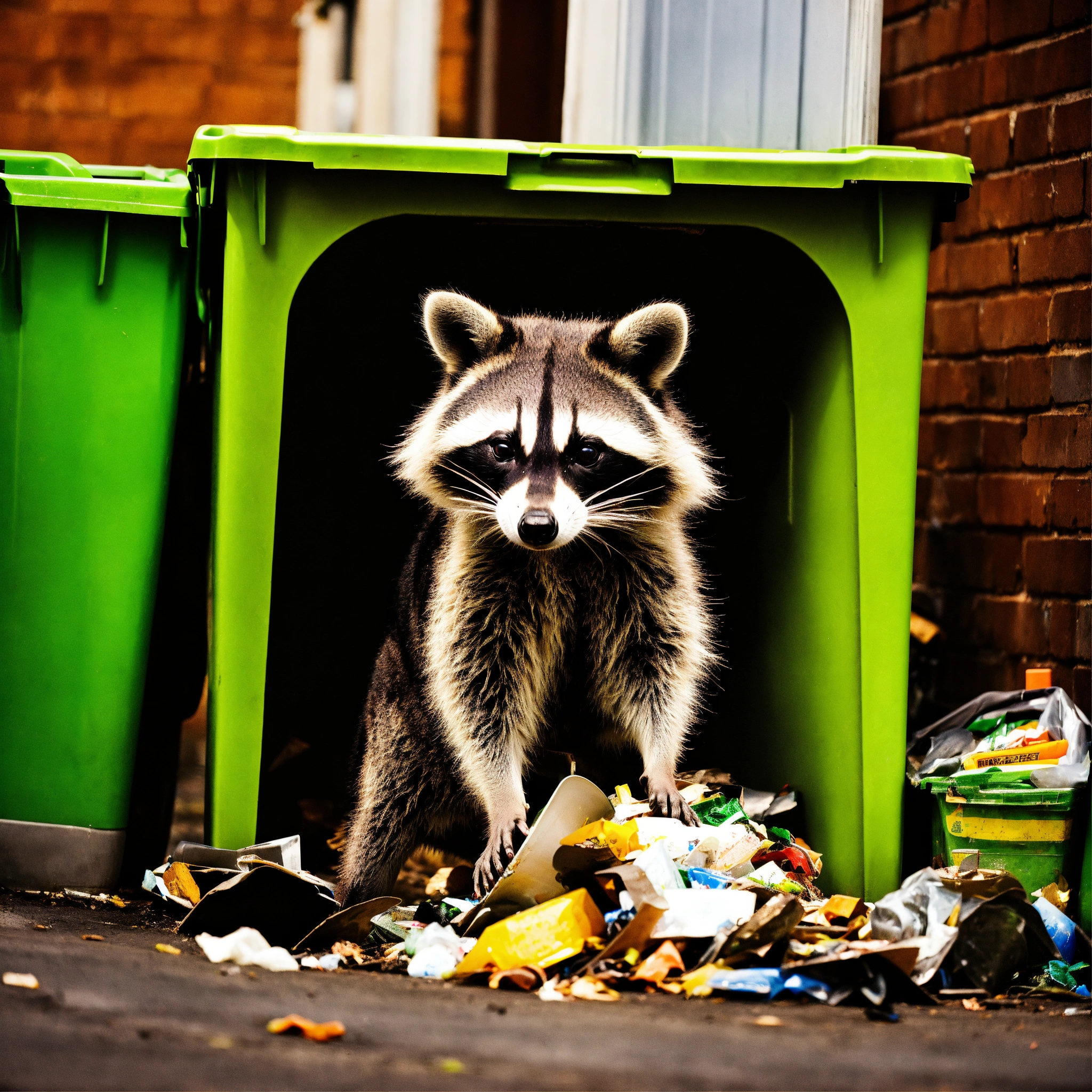 Lexica - A photograph of a raccoon digging through recycling bins, surreal