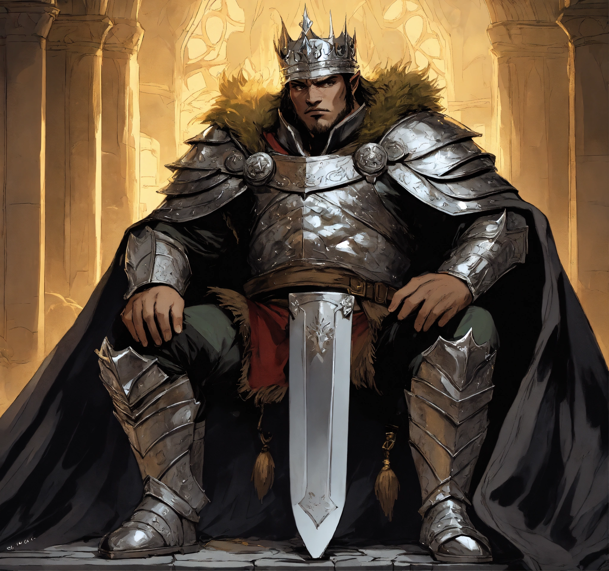 Lexica - Fantasy setting, an enigmatic half-orc king, in mail armor, wearing a silver crown, and ...