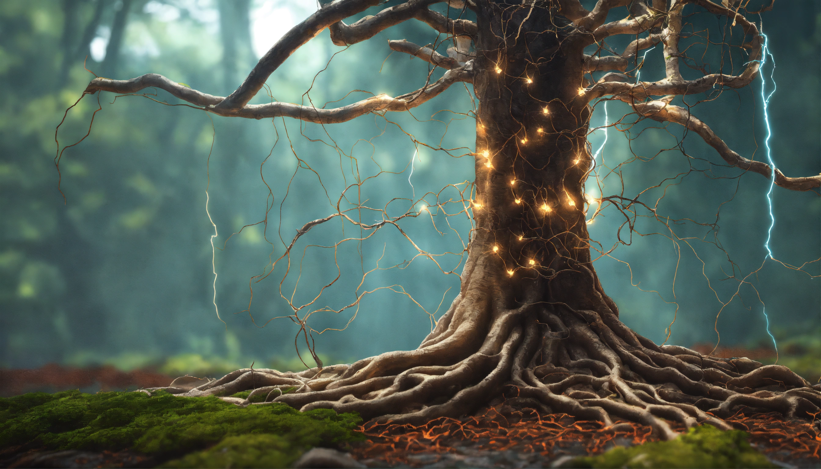 Lexica - Unrealistic tree roots made of electricity floating in the air ...