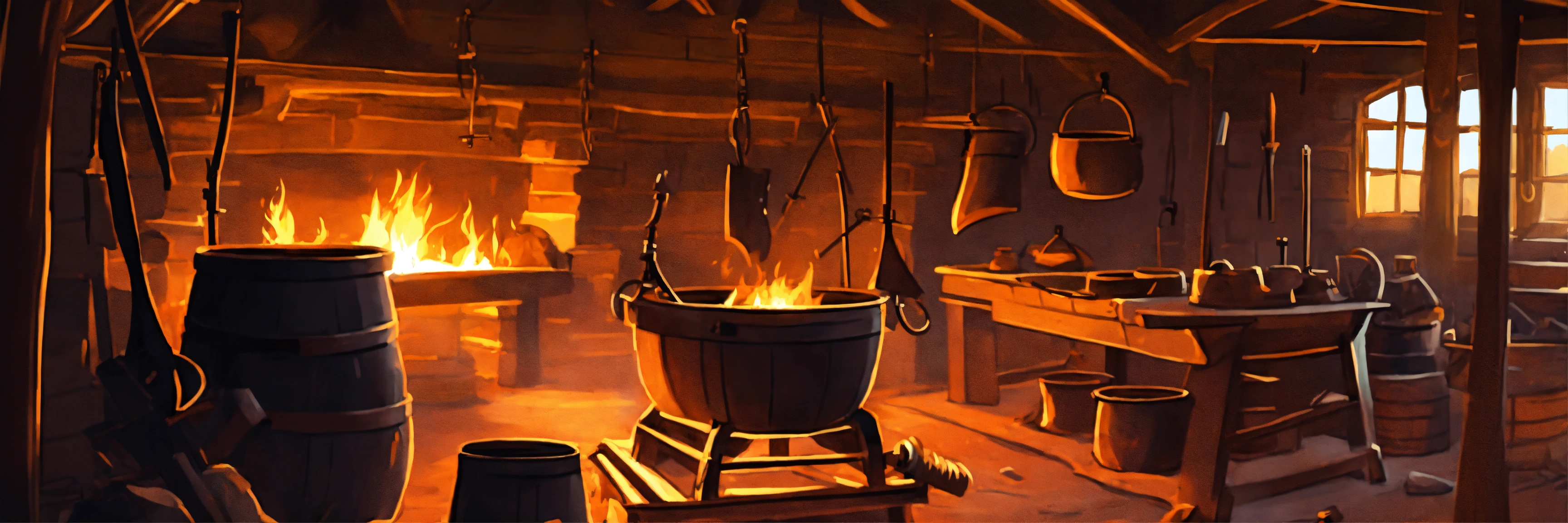 Lexica - Illustration of witches blacksmithing swords in a forge ...