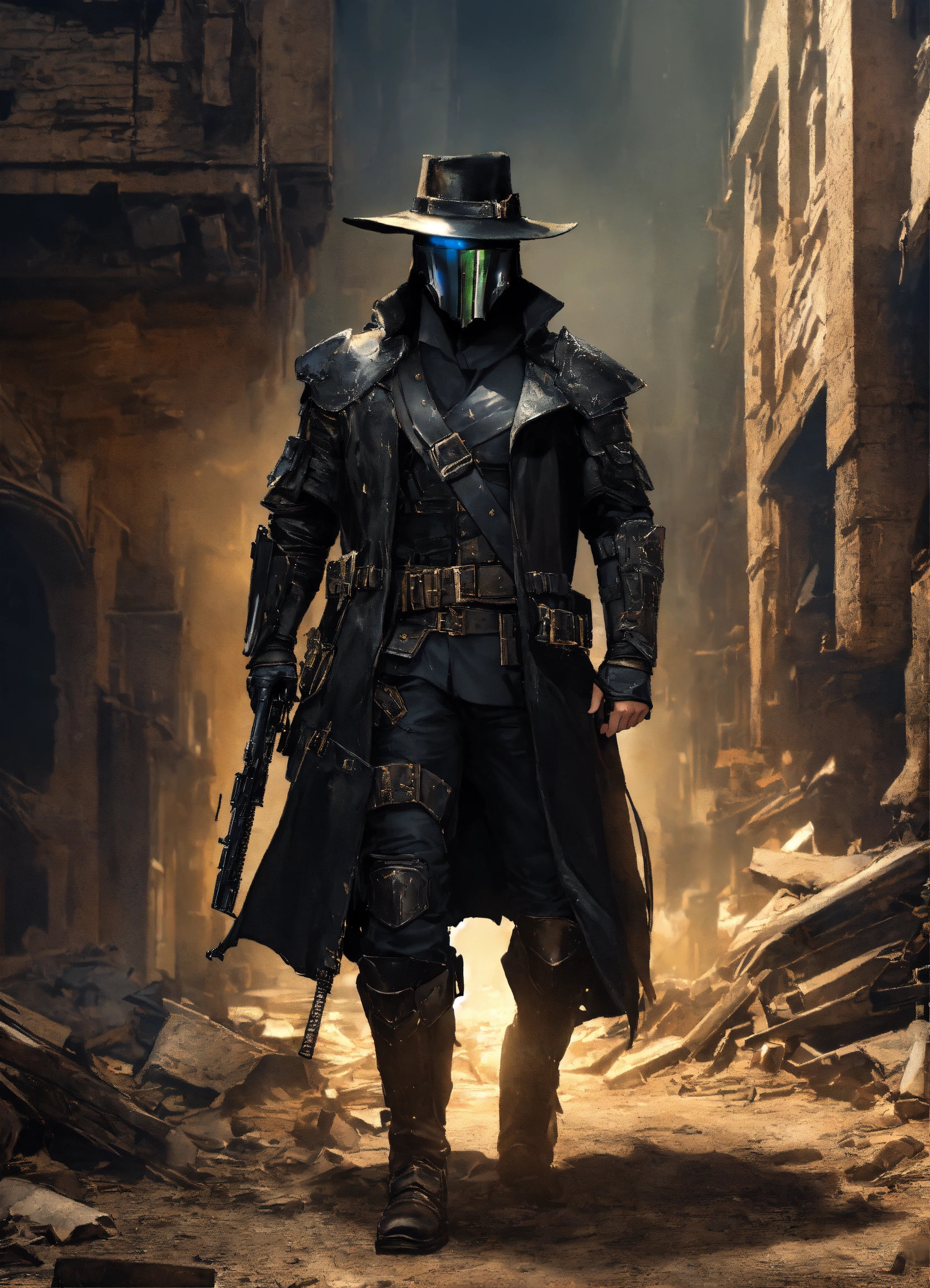 Lexica - In a ruined city, a white bounty hunter in an black armored ...