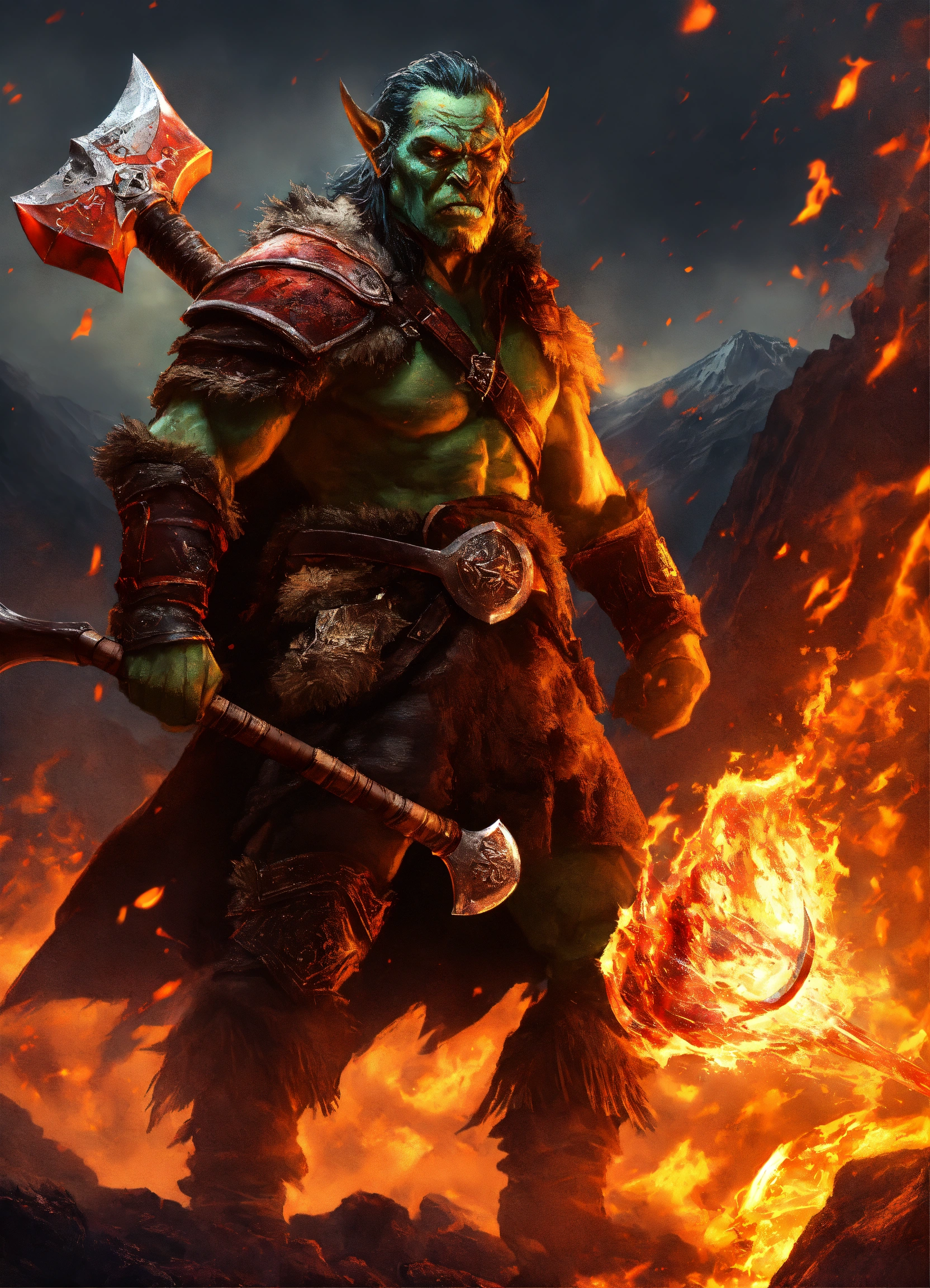 Lexica - Semi-orc with axe in one hand and staff in fire in the other ...