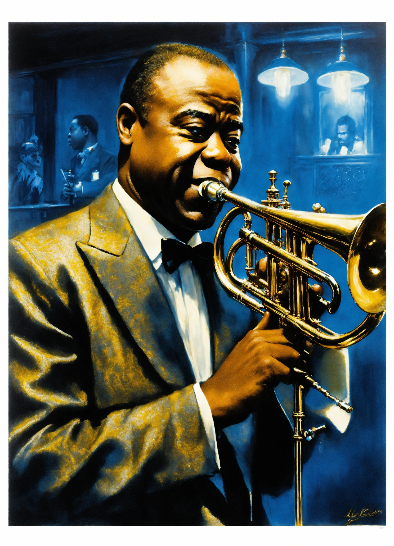 Lexica - "Louis Armstrong and in the background a bar in with a blue ...