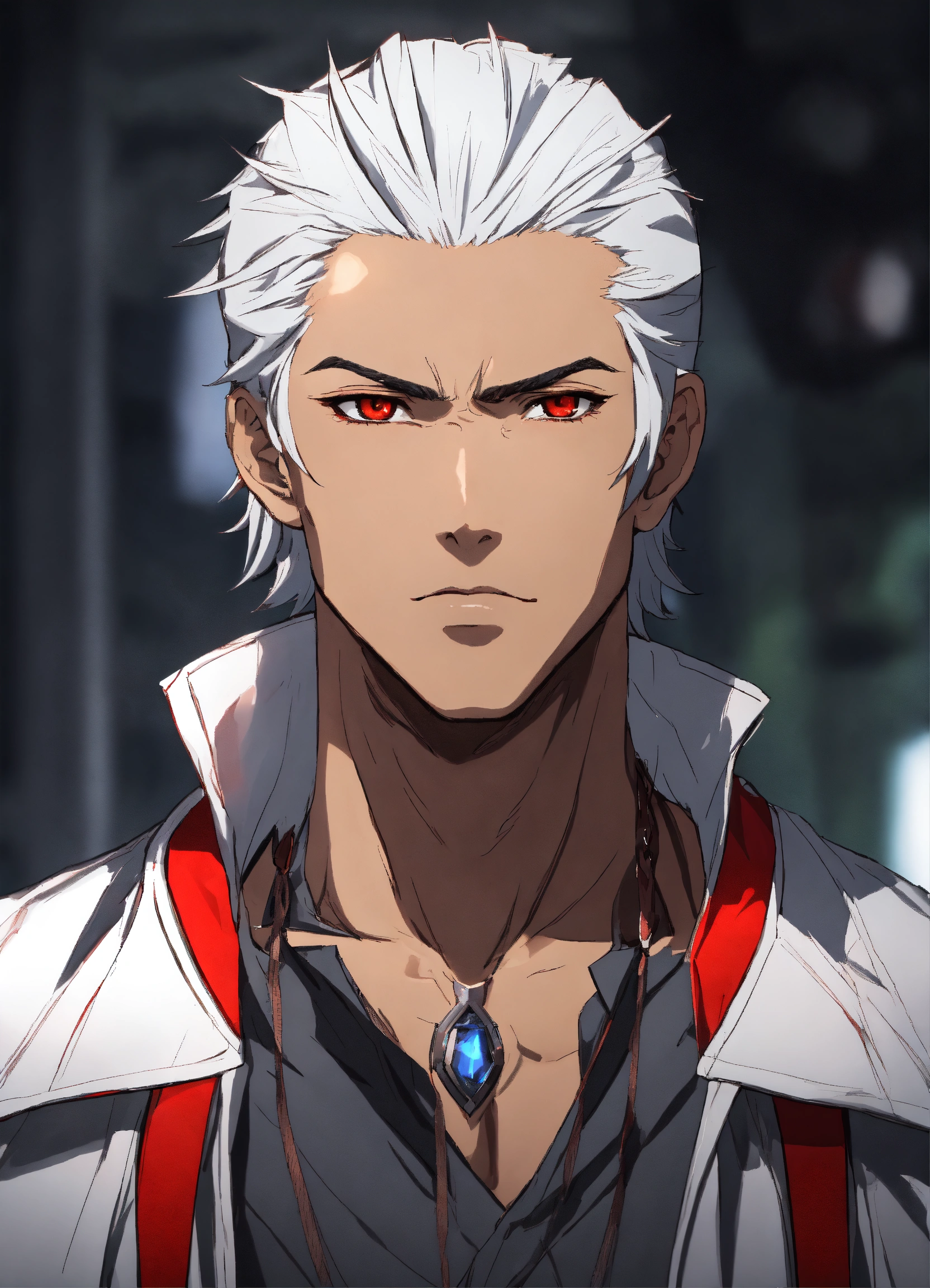 Lexica - Man 40 years old. White hair. medium dark skin. Sharp facial features. Scarlet eyes ...