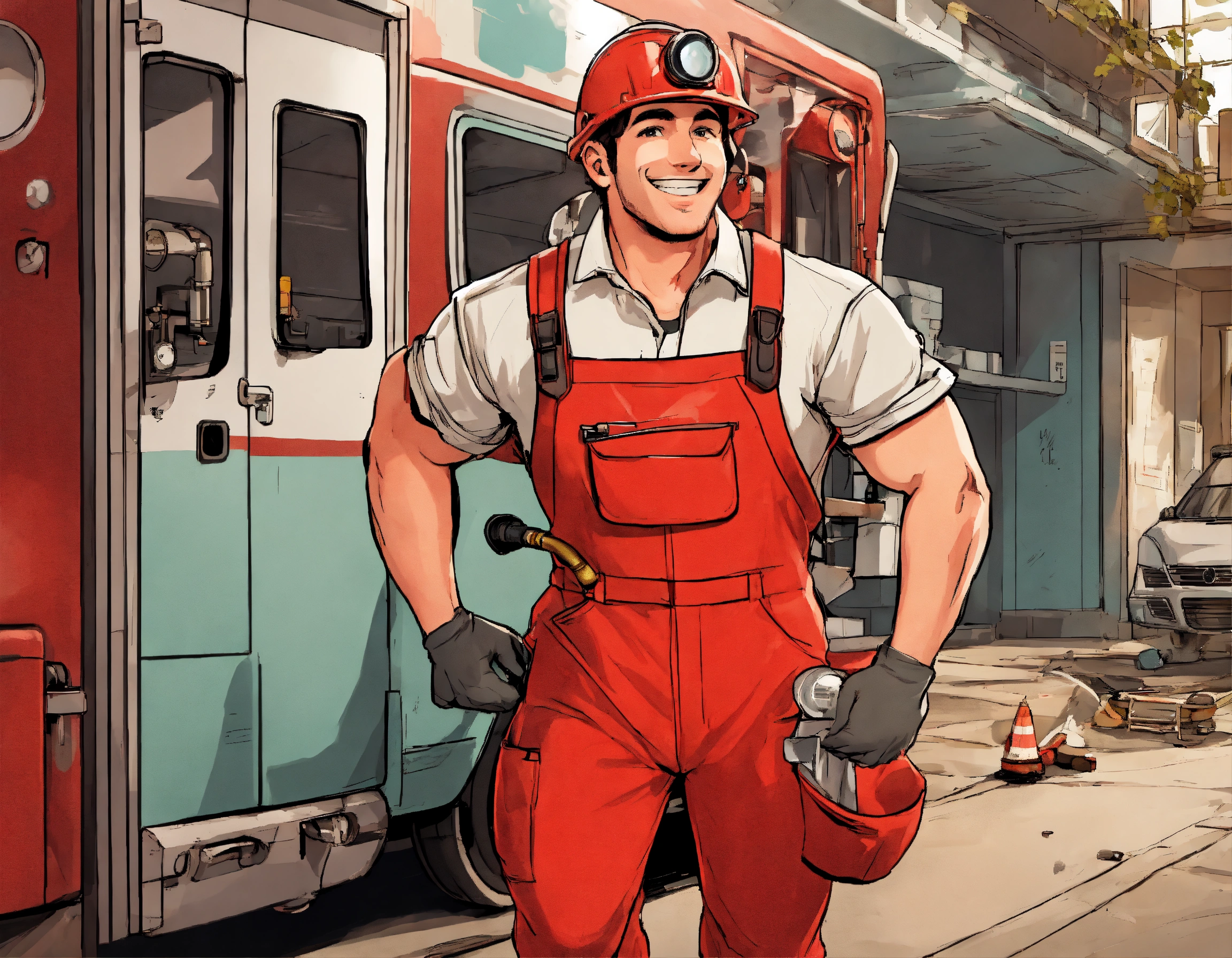 Lexica - A plumber in a red overall outfit and a red hard helm is ...