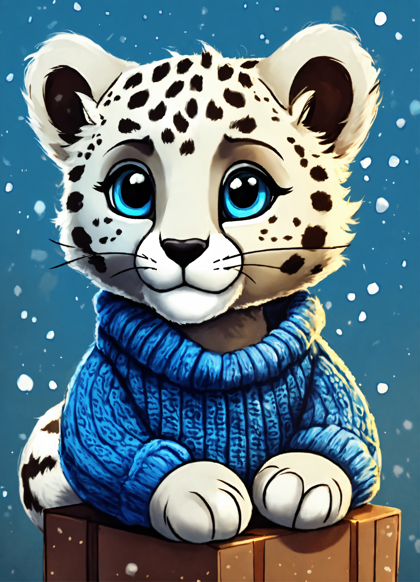 Lexica - Snow leopard in a blue sweater Cute 2d simple cartoon of toy art