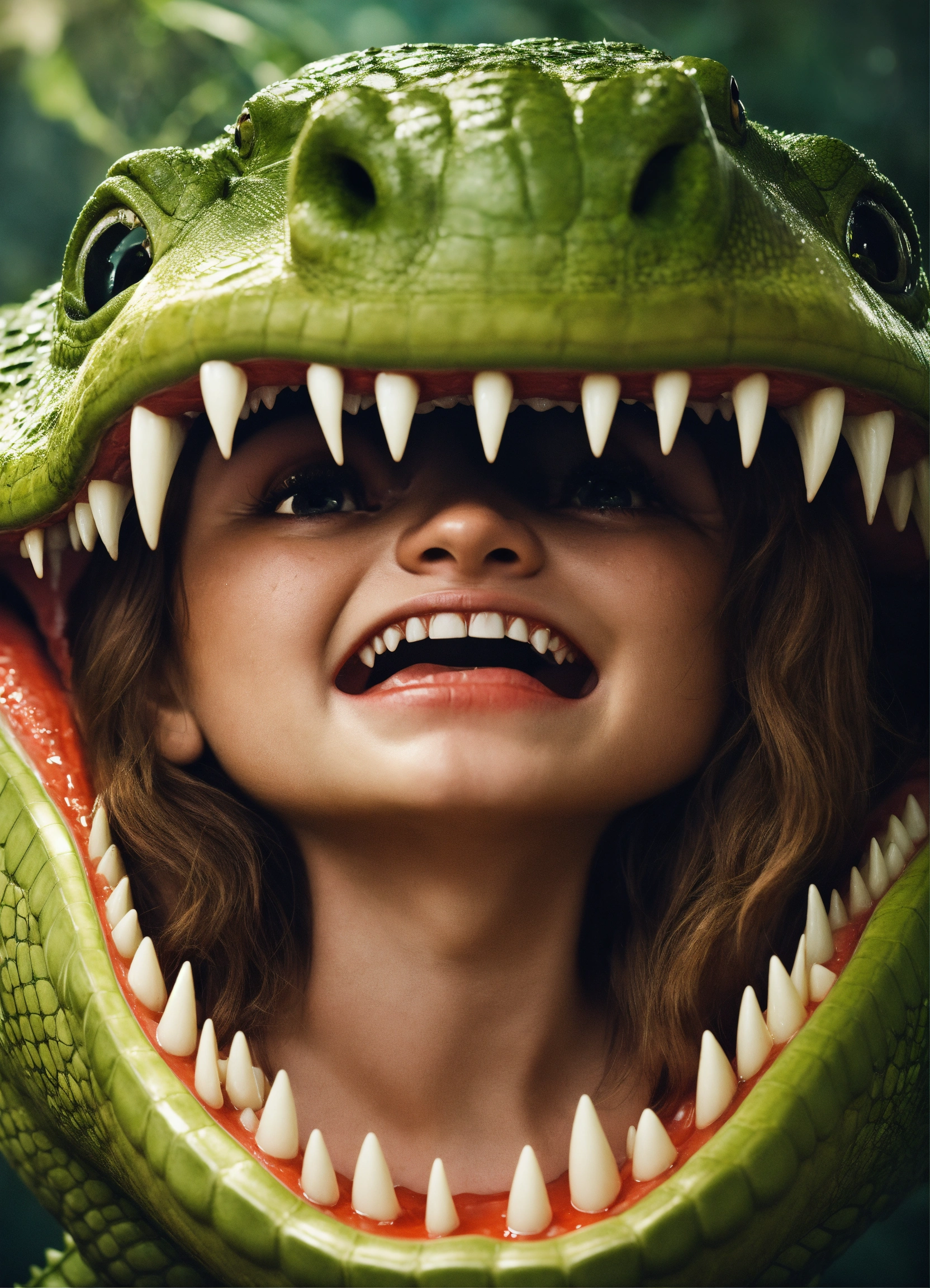 Lexica - Crying girl sitting deep entirely inside crocodile's open huge ...