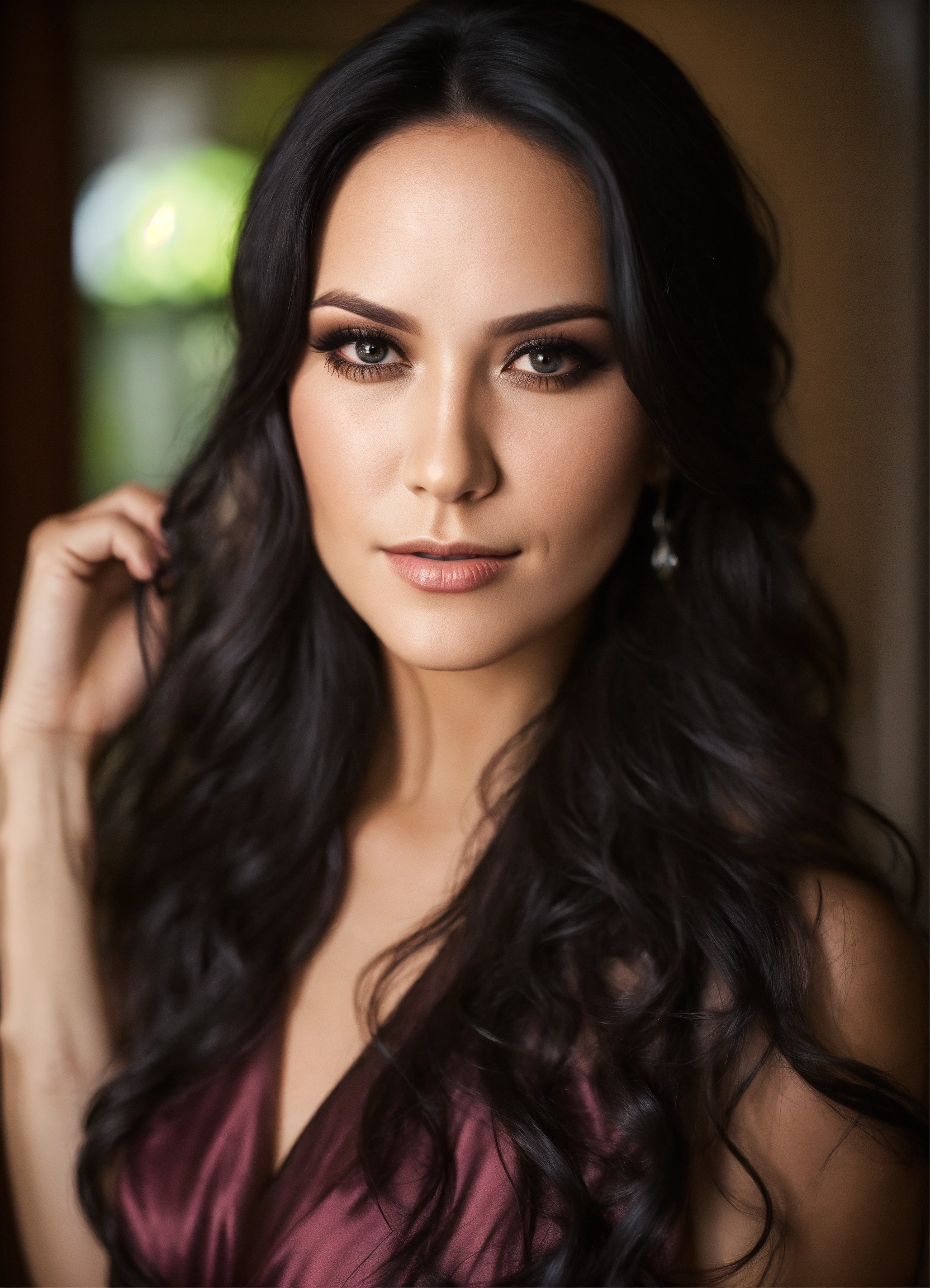 Lexica - Beautiful 35 year old woman, long black hair, dark brown eyes, black eye shadow ...