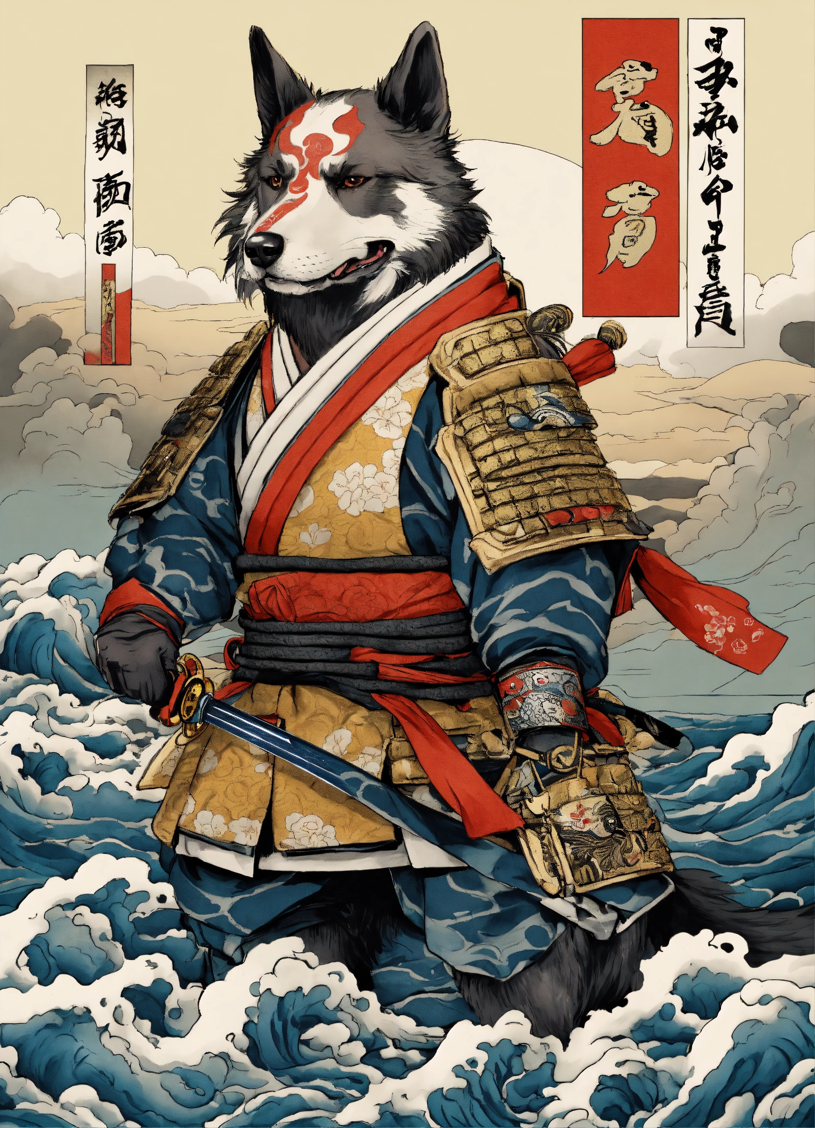 Lexica - There is a dog with a fish and a sword on a white background ...