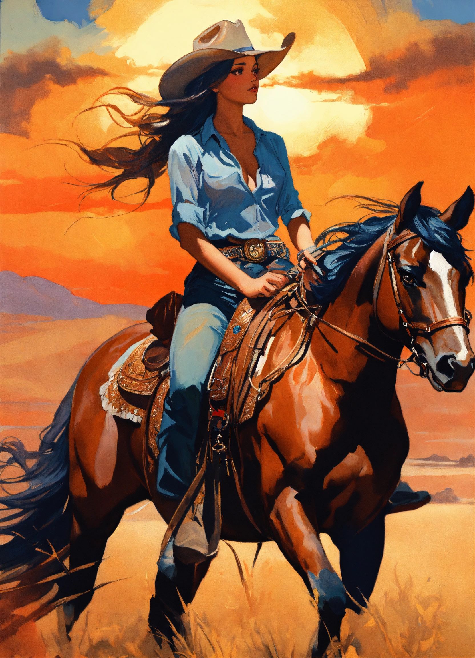 Lexica - Gorgeous cowgirl (riding a beautiful stallion); wild long hair ...