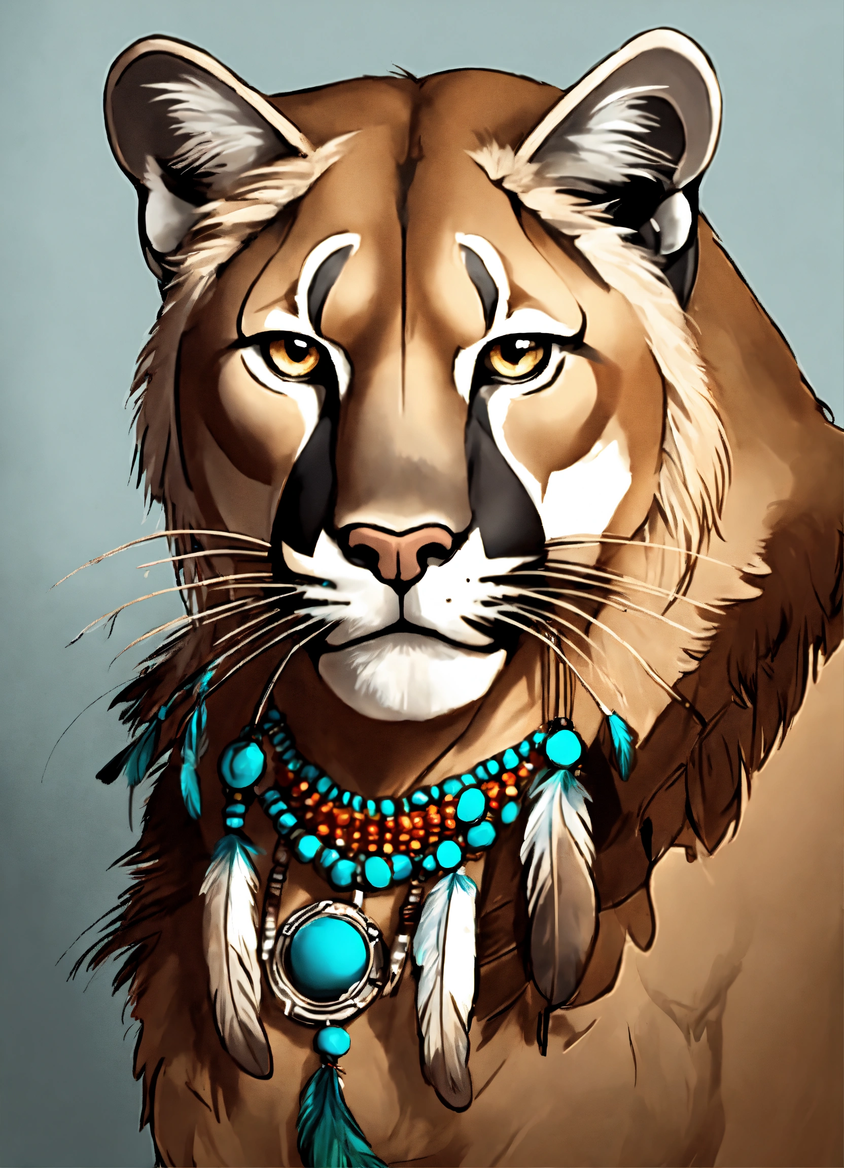 Lexica - A male mountain lion in native american style with feathers ...