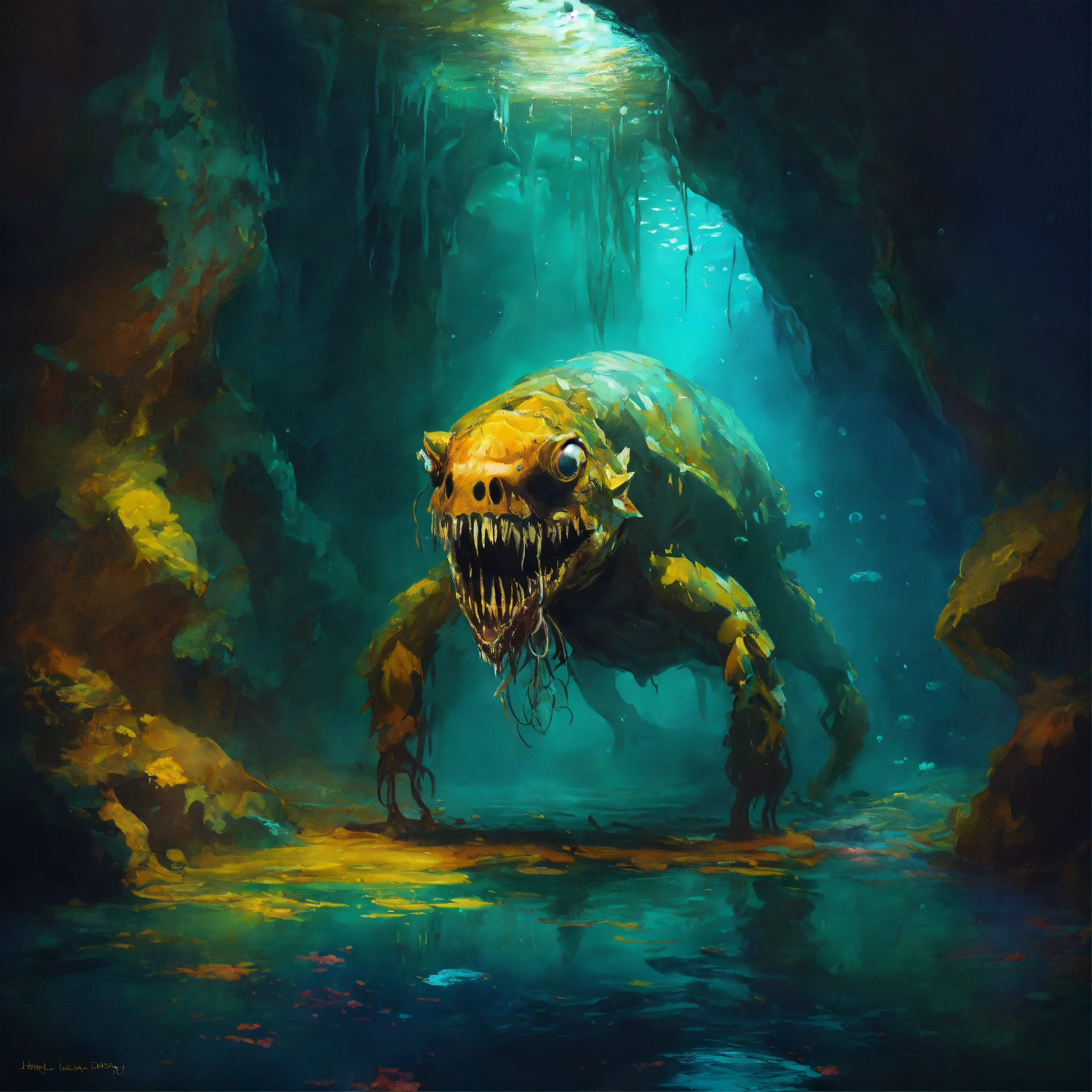 Lexica - Concept art of a scary creature in the depths of an underwater ...