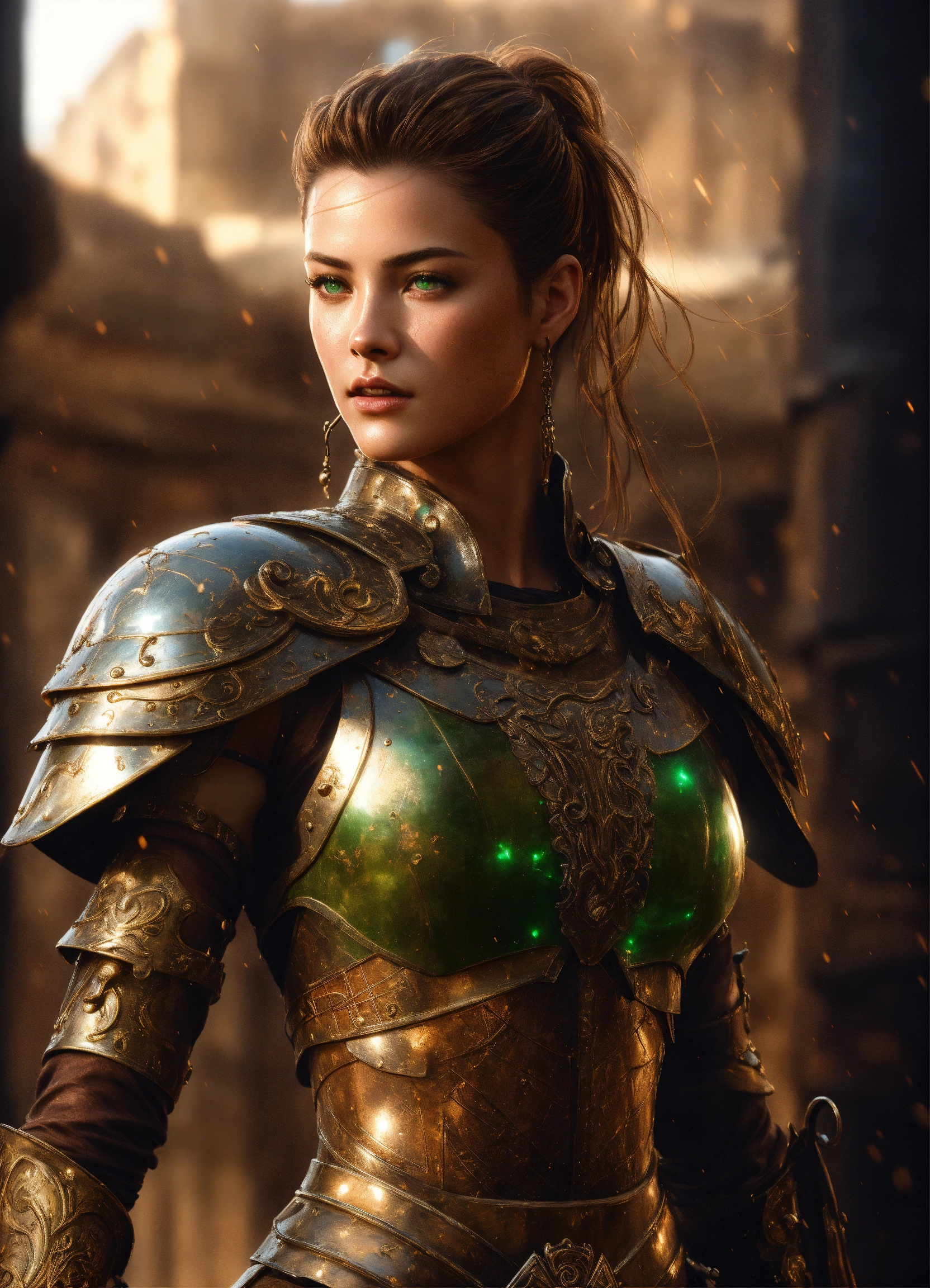 Lexica - Majestic warrior princess in armor, brown hair, green eyes ...