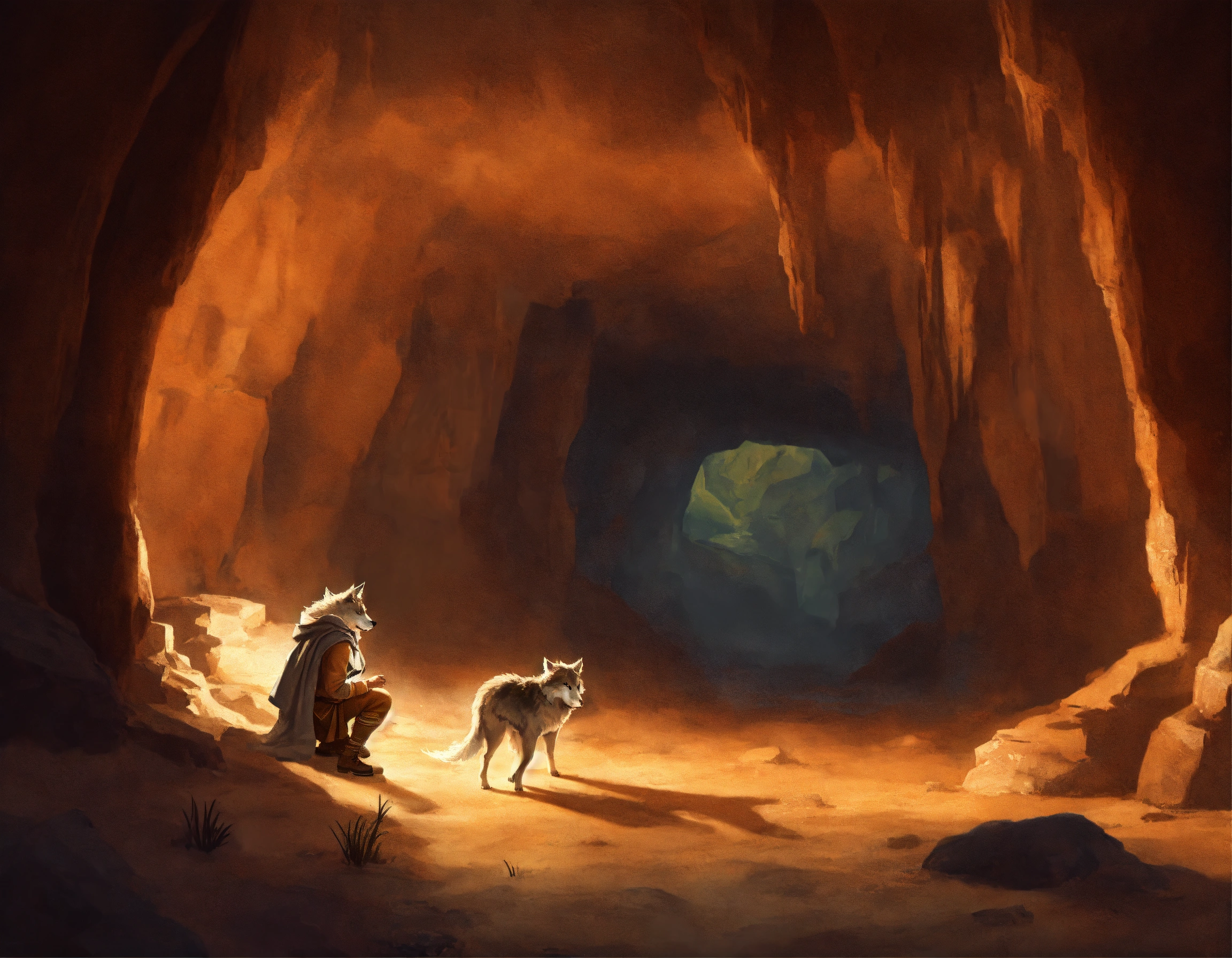 Lexica - An ancient man in a cave with a wolf