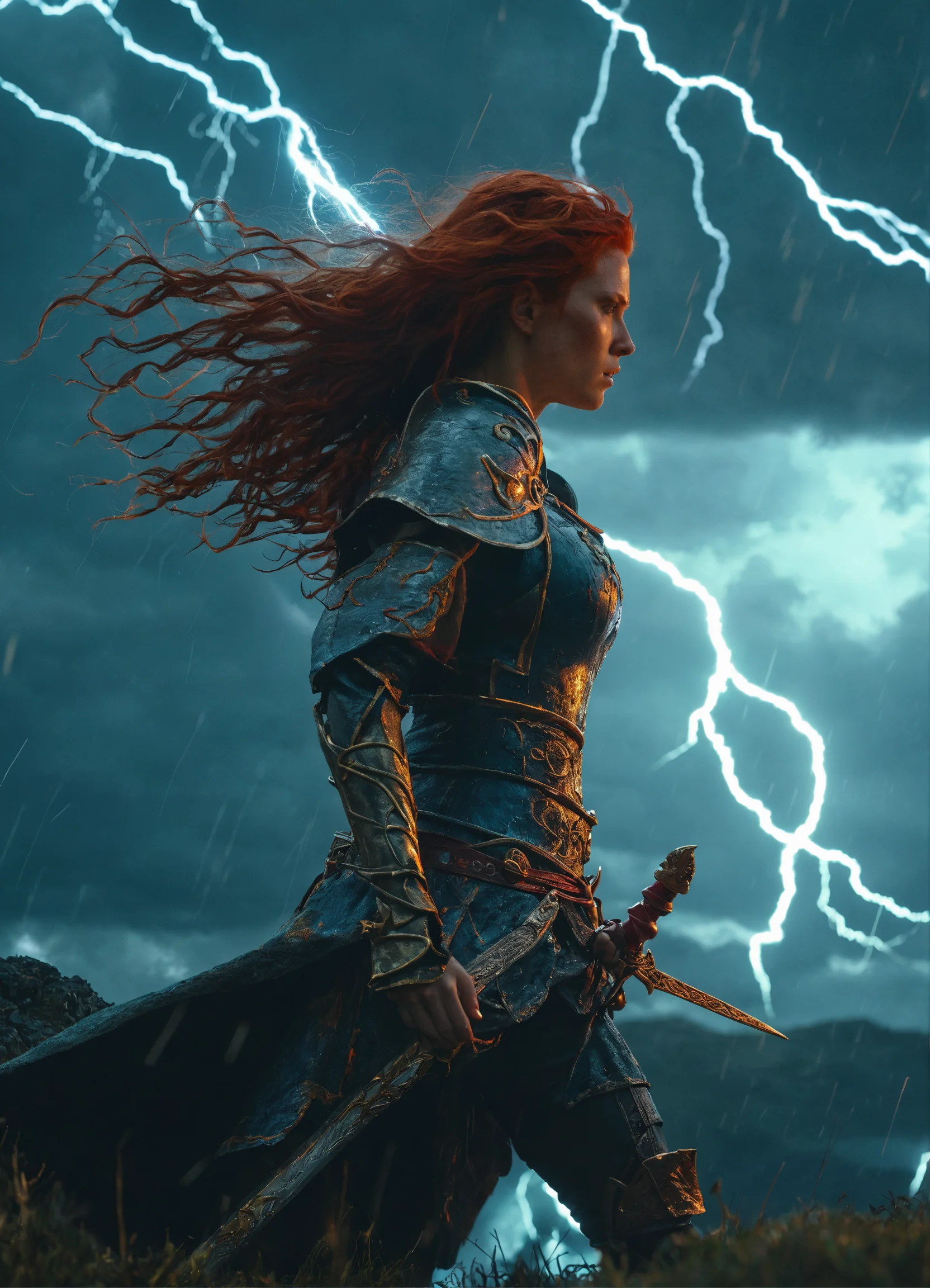 Lexica - Redhead goddess of lightning, on hill during storm ready for ...