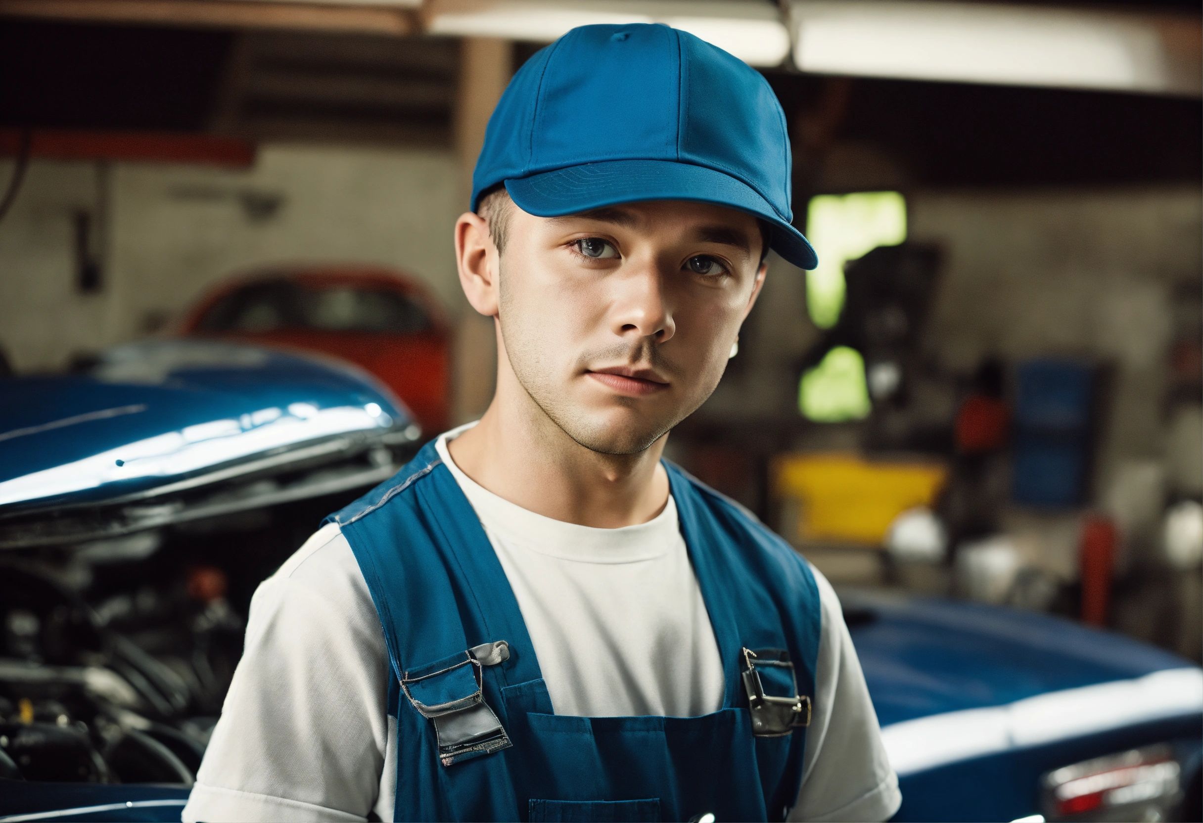 Lexica - Young boy 33 year old , car mechanic dress , cap , car garage