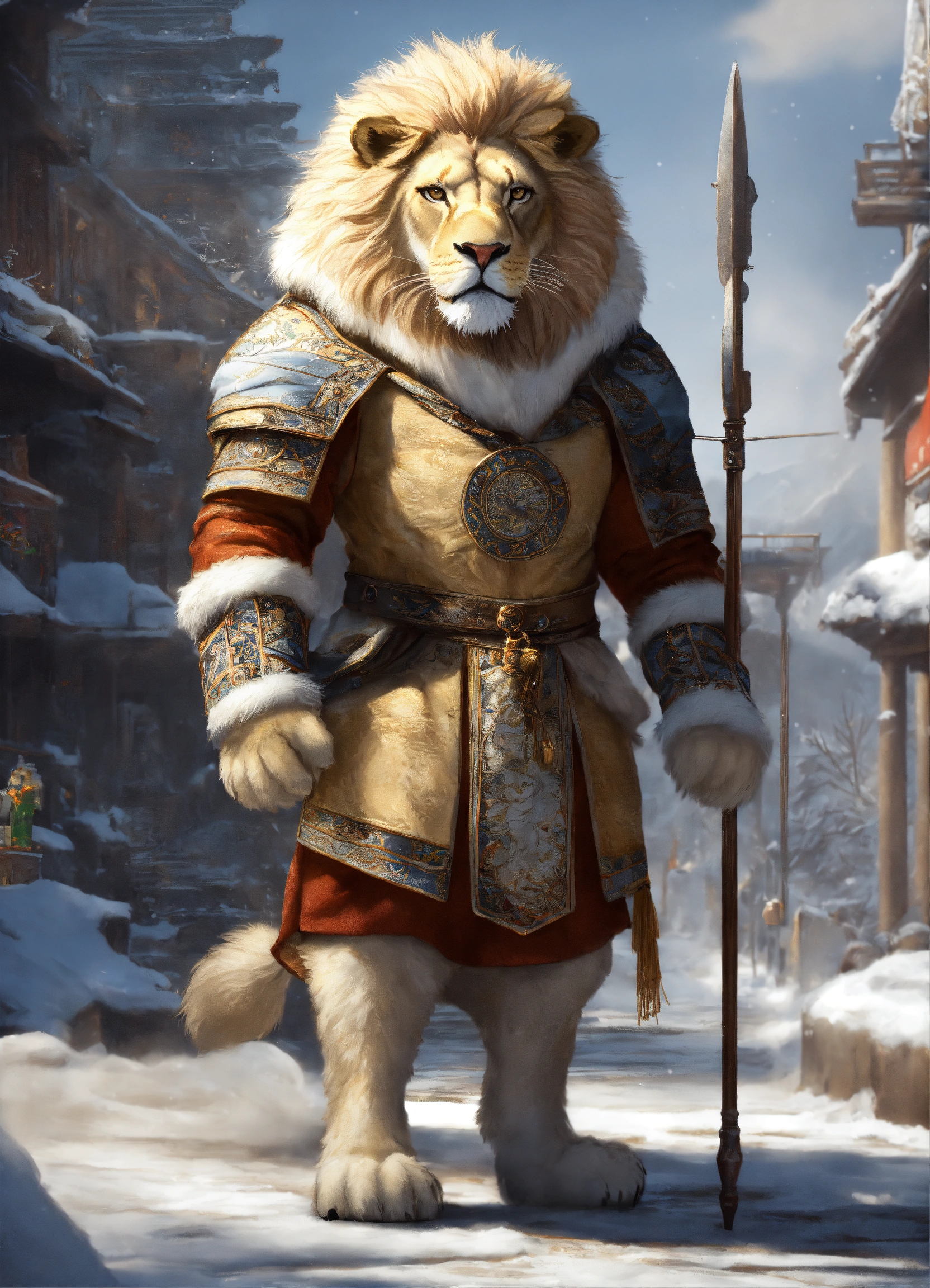 Lexica - A bipedal lion with white fur, wearing heavy winter clothing