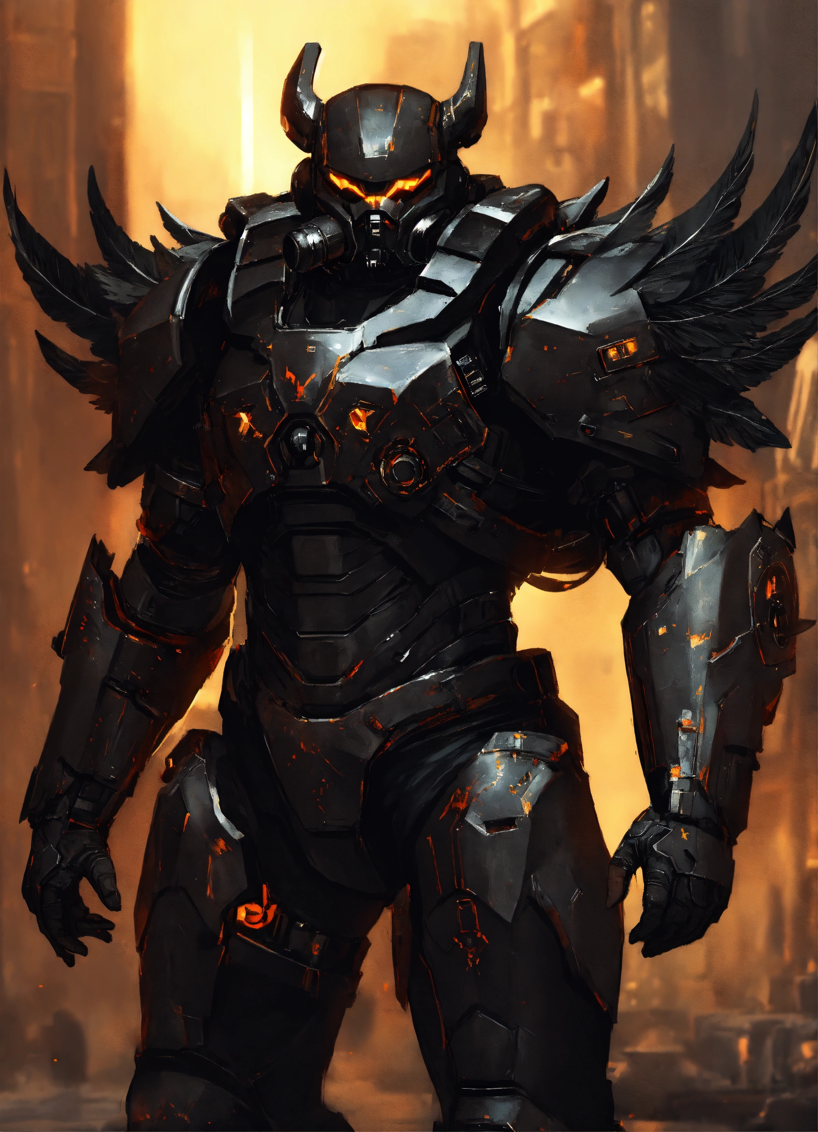 Lexica - Concept illustration Black power armor suit, with black demonic looking wings.