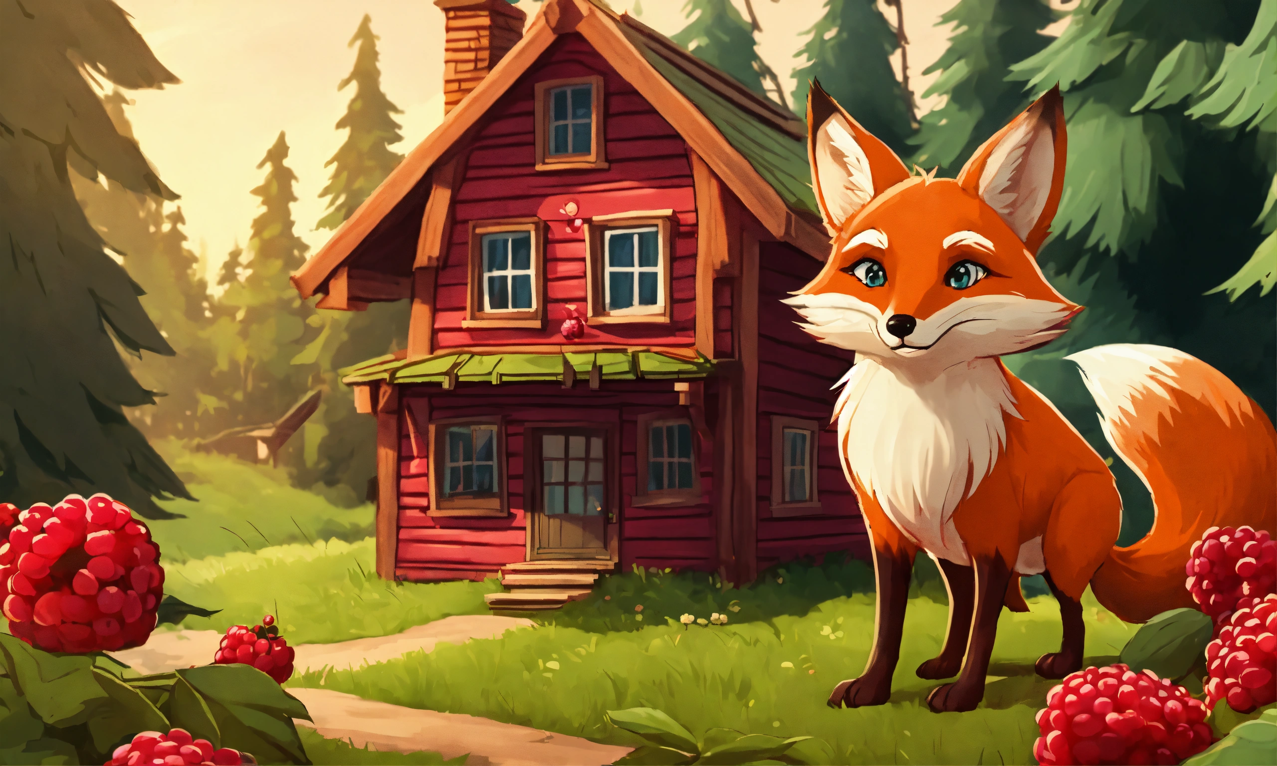 Lexica - Cartoon style. A cute huge fox is sneaking in the raspberry ...