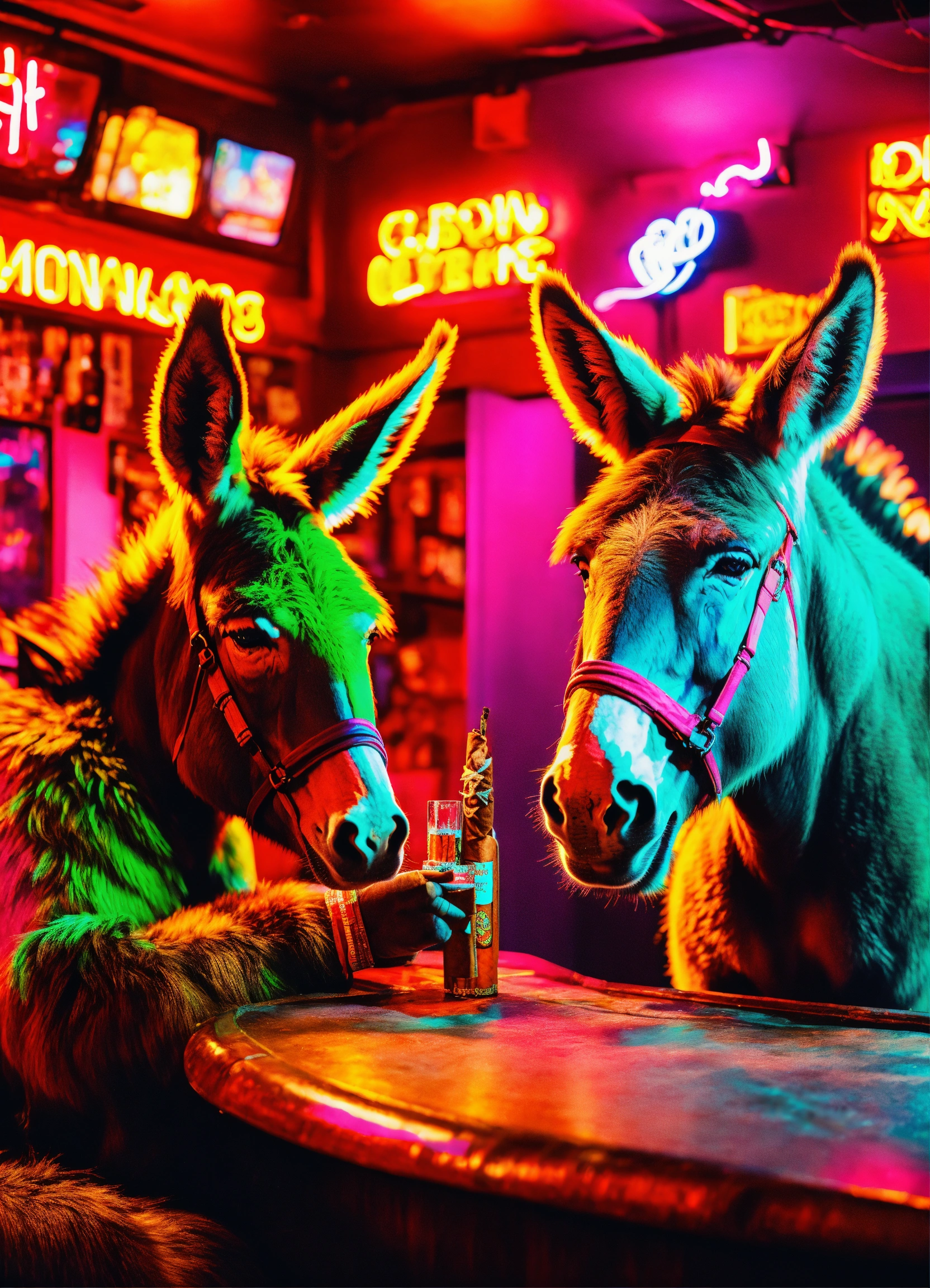 Lexica - Three Donkeys smoking cigars in a Neon 80's bar style
