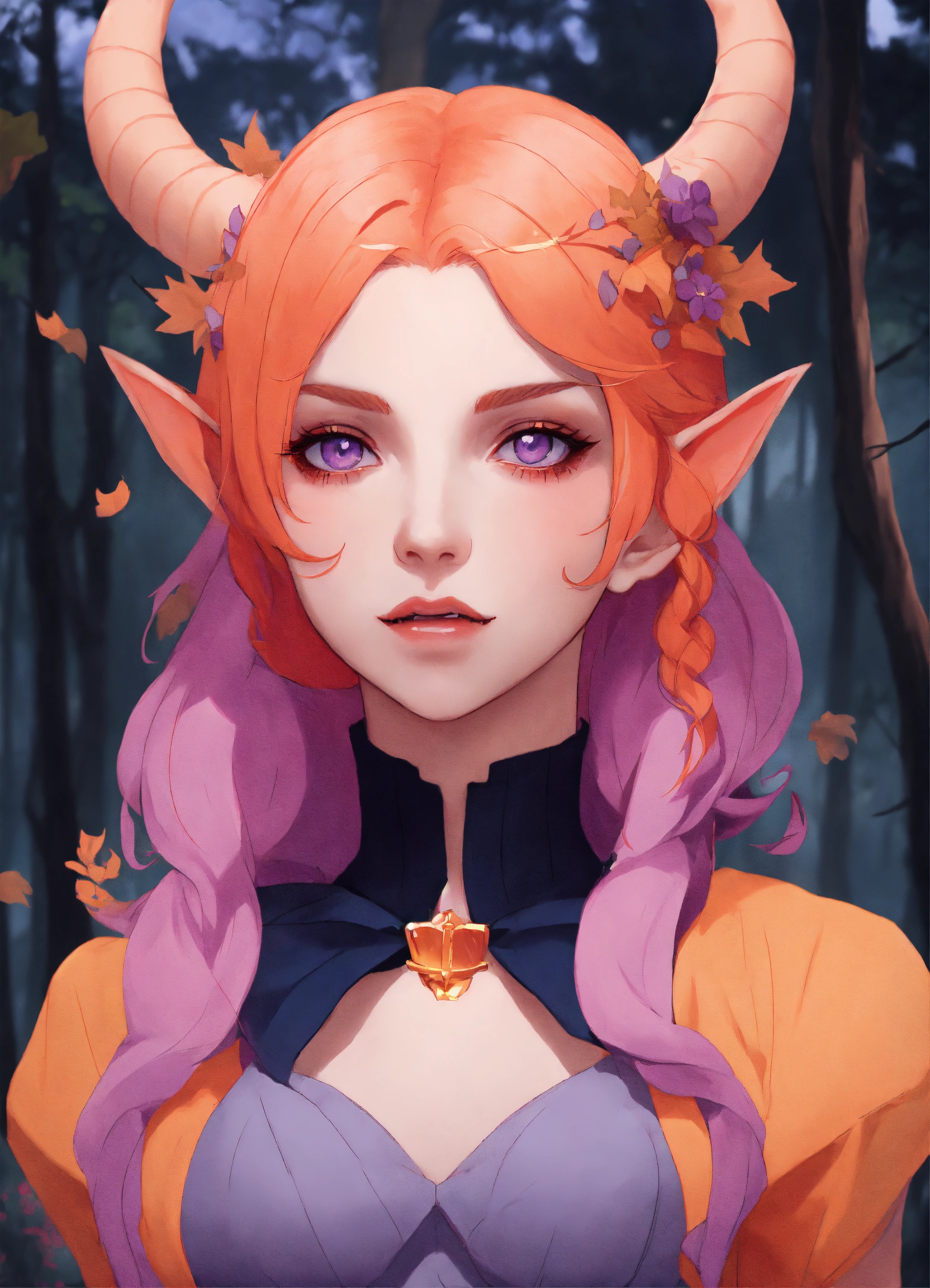 Lexica - 2d vampire girl, pastel orange hair, violet eyes, horns crown ...