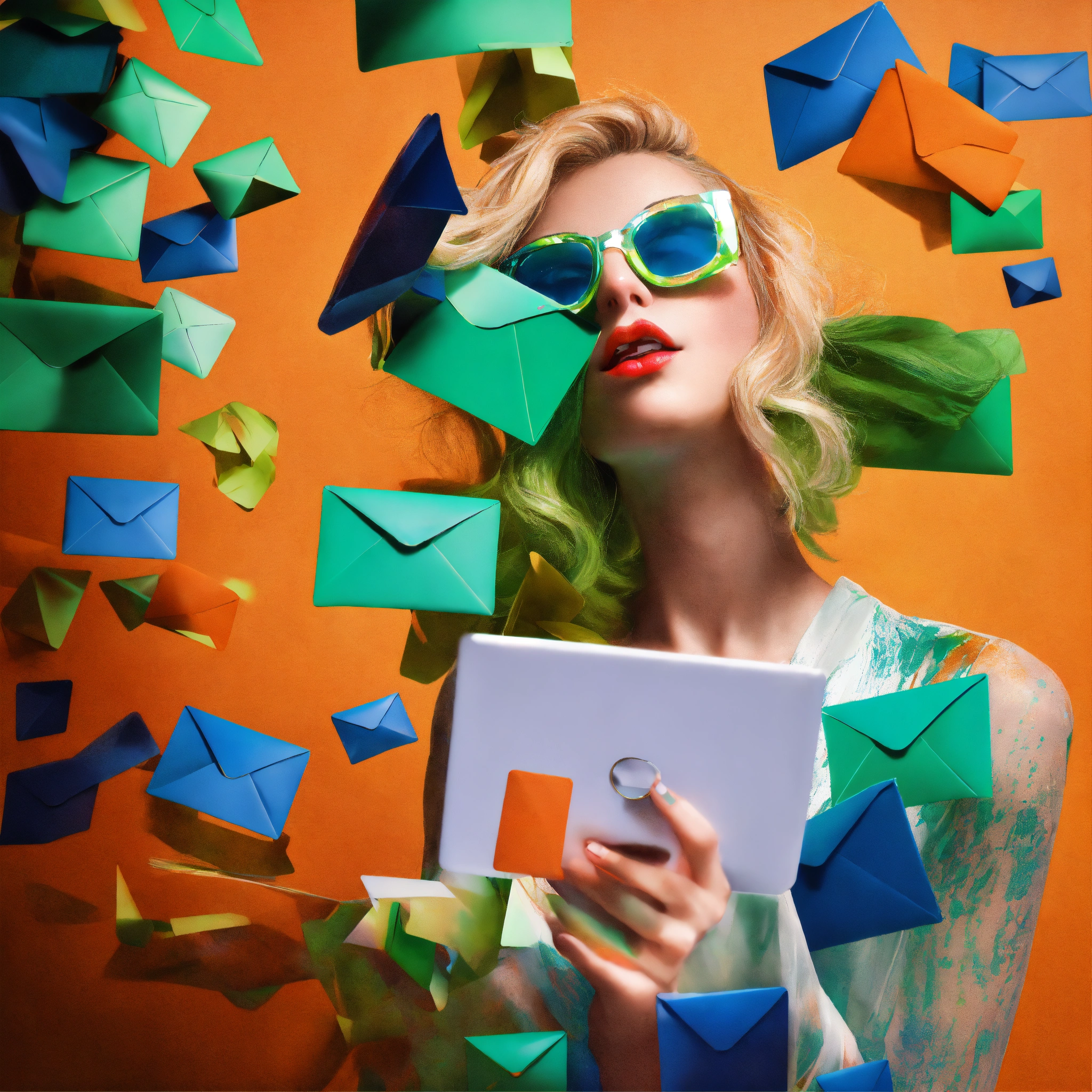 Lexica - Email marketing girl. Main colors blue, white, additional colors green, orange, Marilyn ...