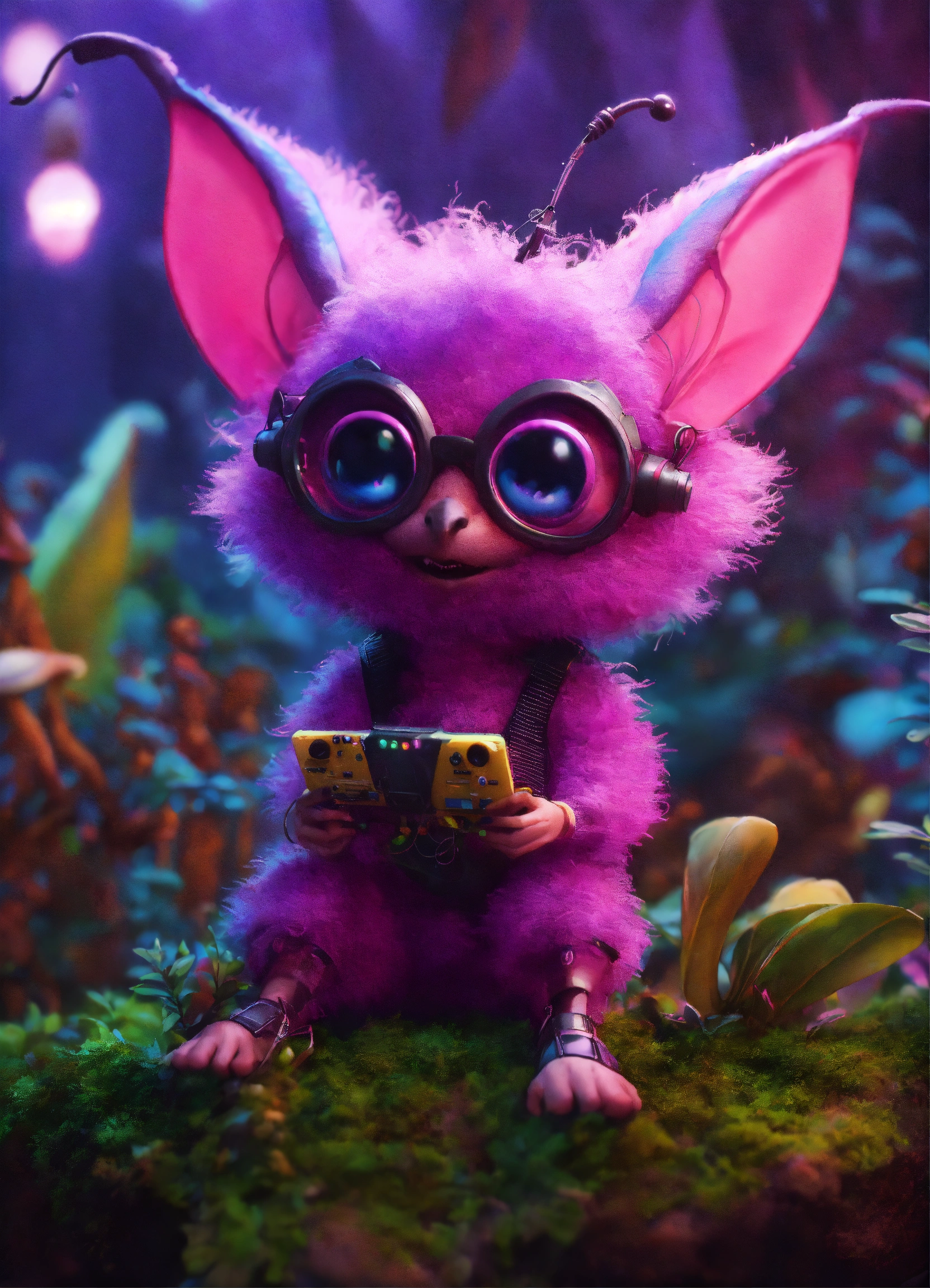 Lexica - Cute fuzzy pink and purple alien fruitbat character with bug ...