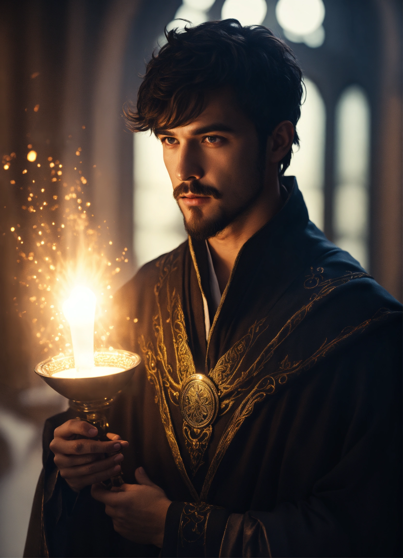 Lexica - Dark short hair, french goatee, wizard robes white light ...