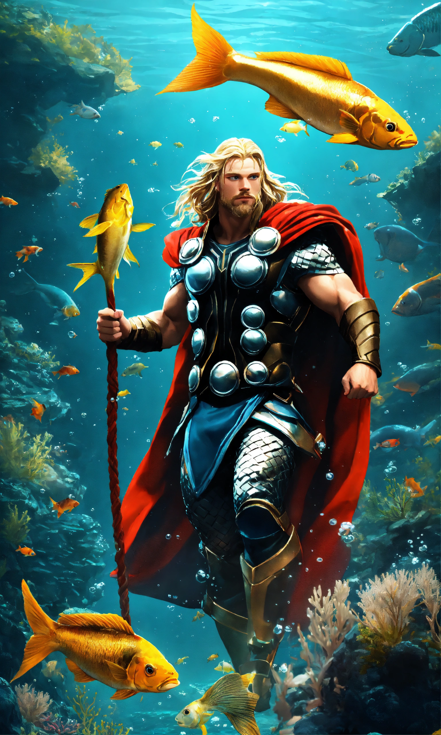 Lexica - Thor with fish underwater in the ocean, nature background, 2D ...