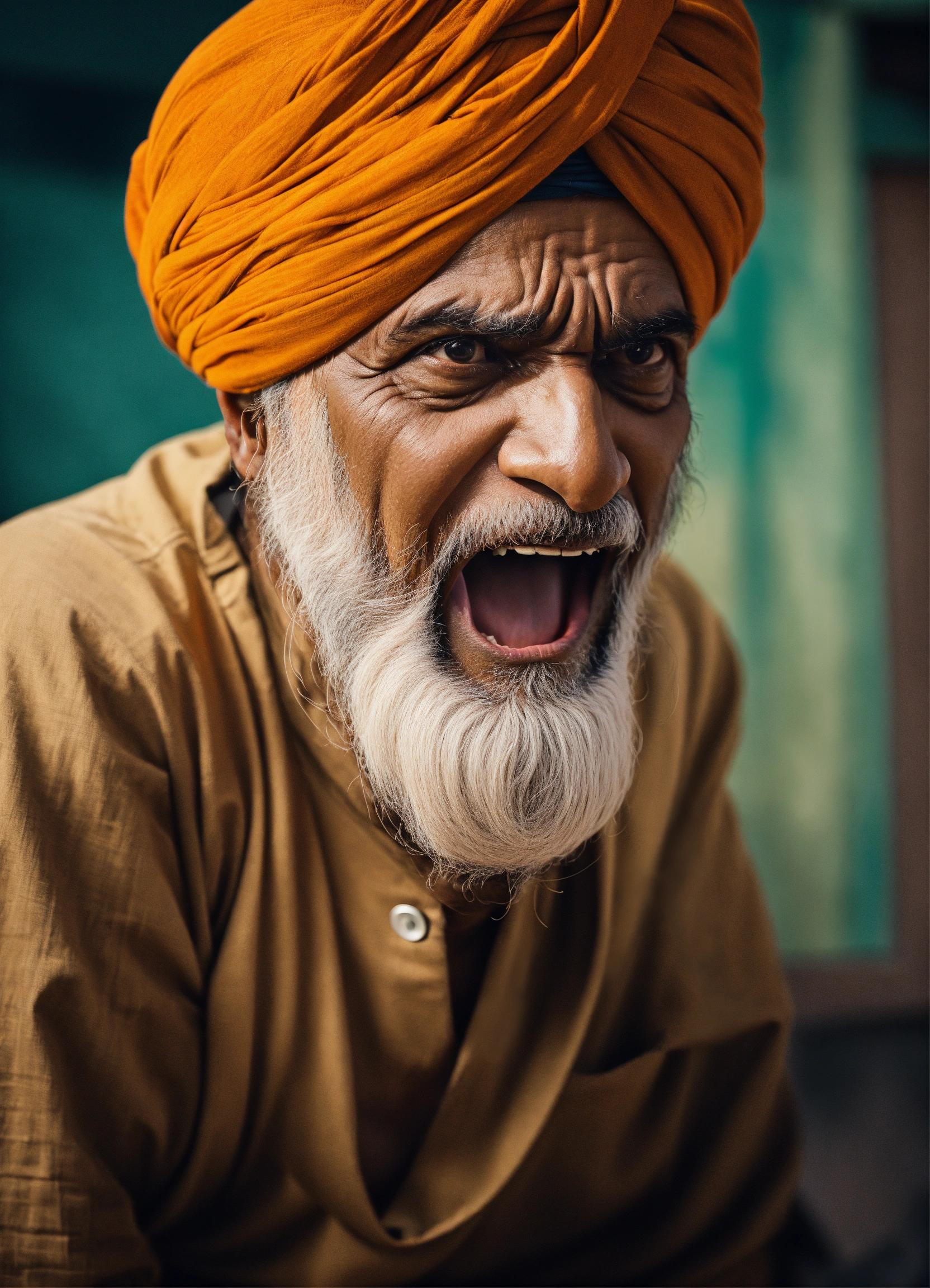 Lexica - A 60 year old indian man wearing turban, yelling. Super realistic.