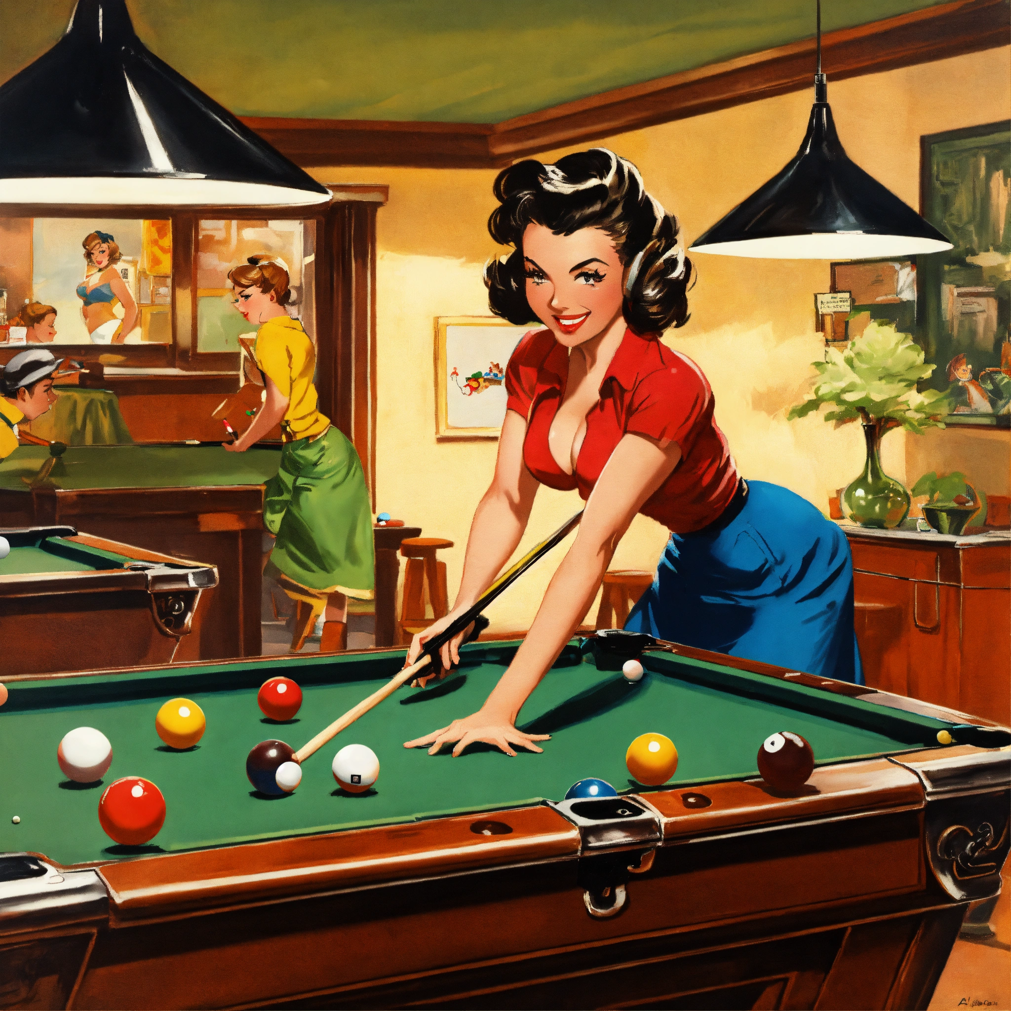Lexica - A 1950's cartoon pinup girl shooting billiards