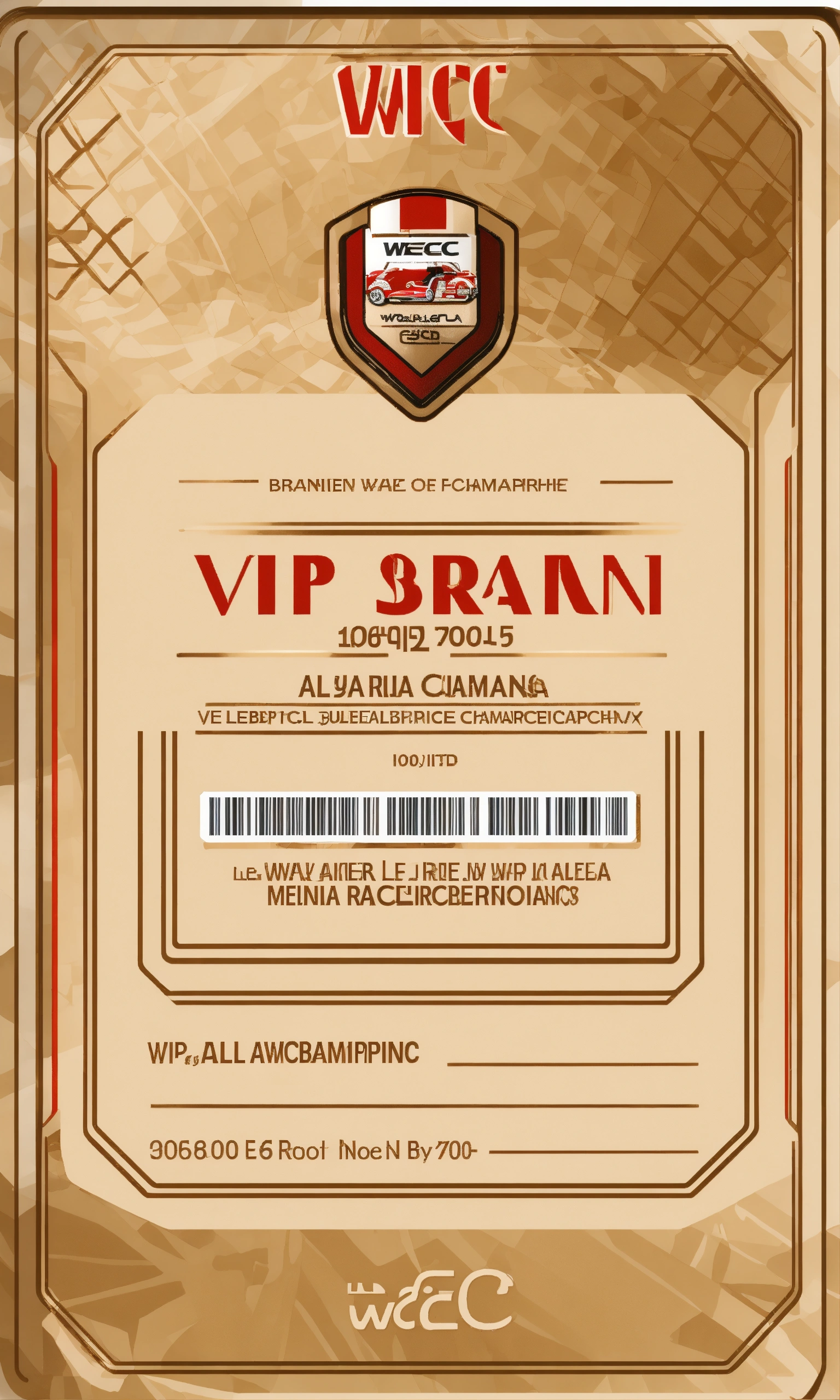 Lexica - WEC World endurance championship card VIP ID pass, beige white and cream, Bahrain race ...
