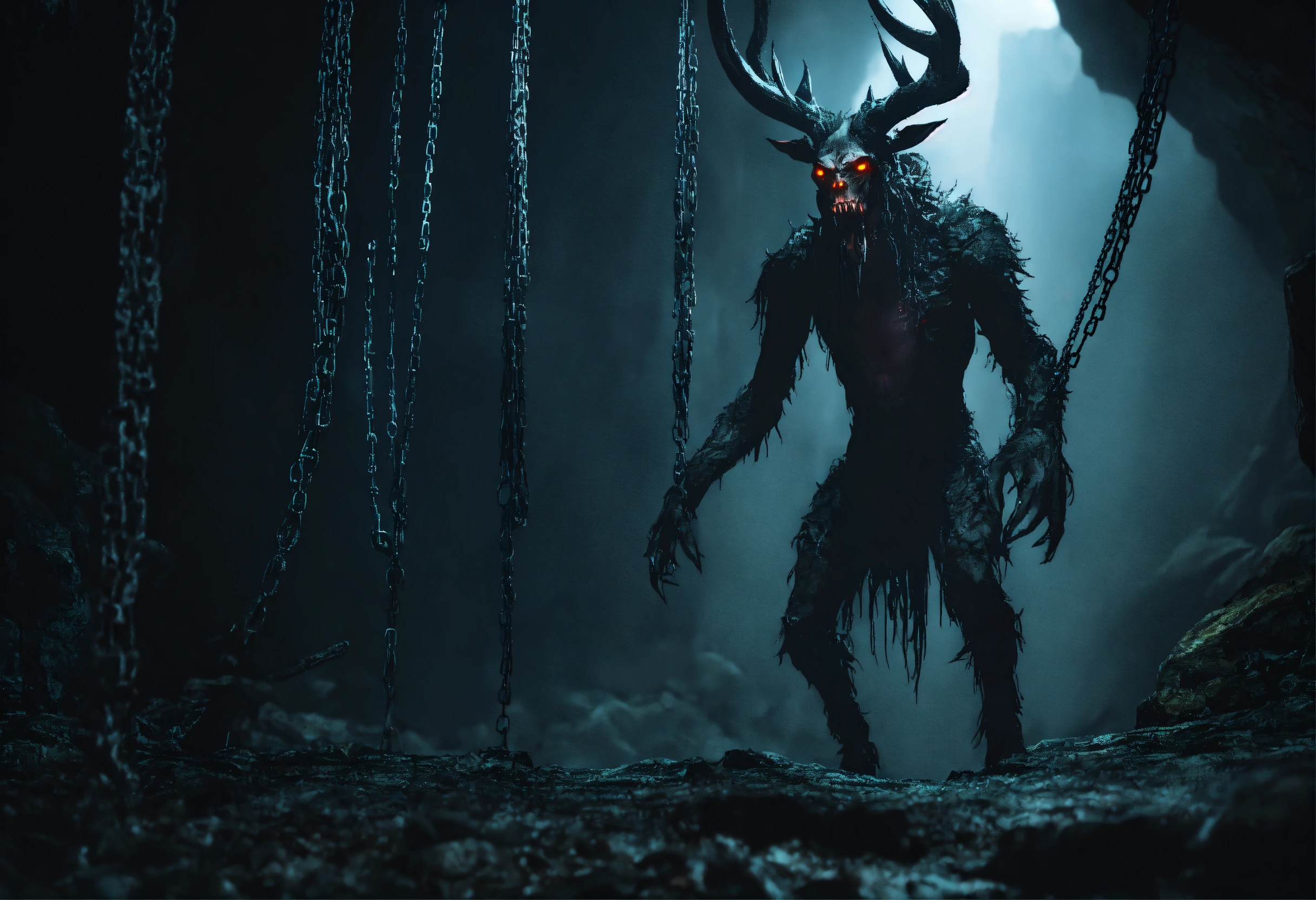 Lexica - Wendigo monster in A scary dark, deep cave with many chains ...