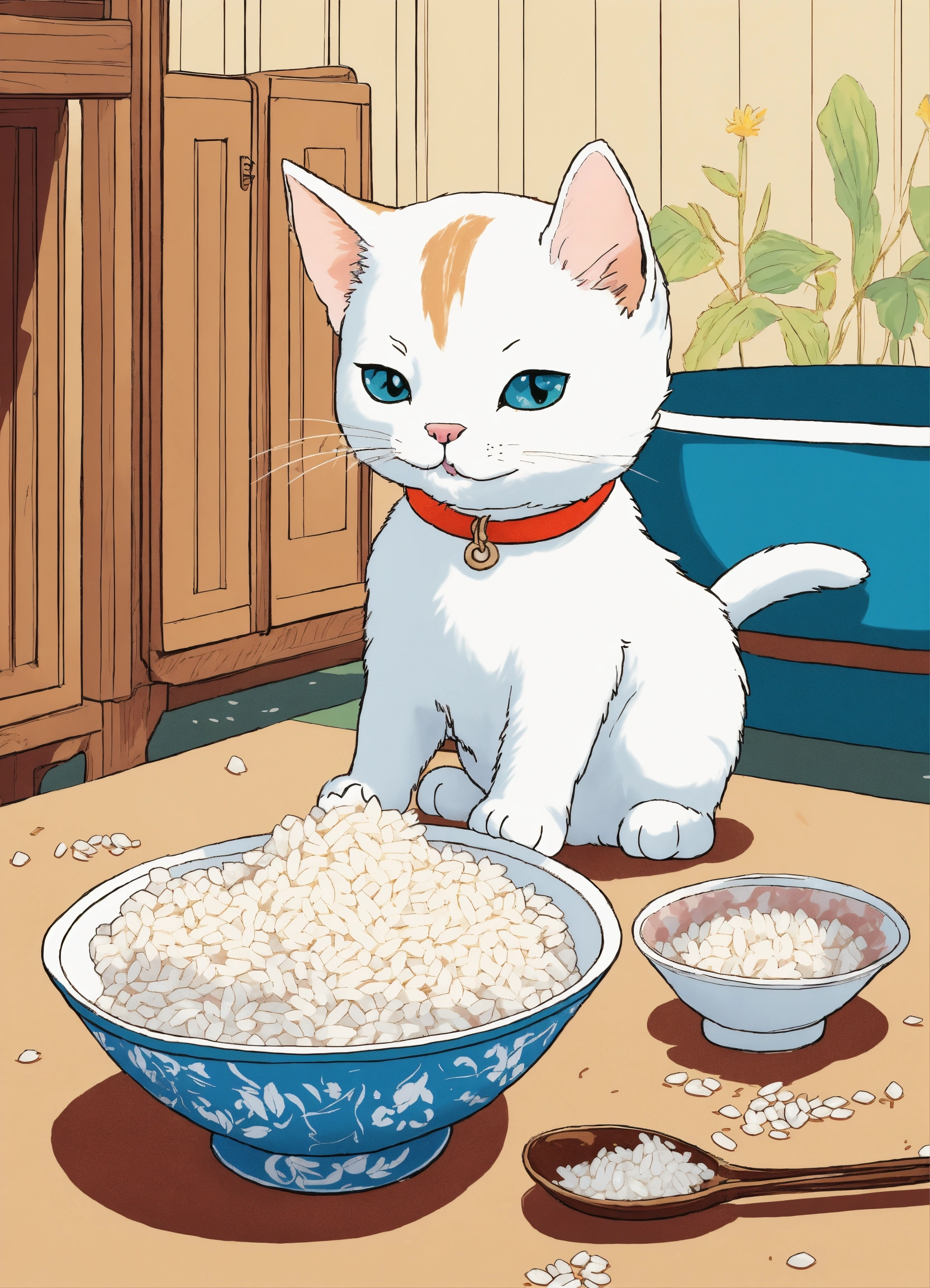 Lexica - A cute ADORABLE white LITTLE cat eating messy RICE BOWL ...