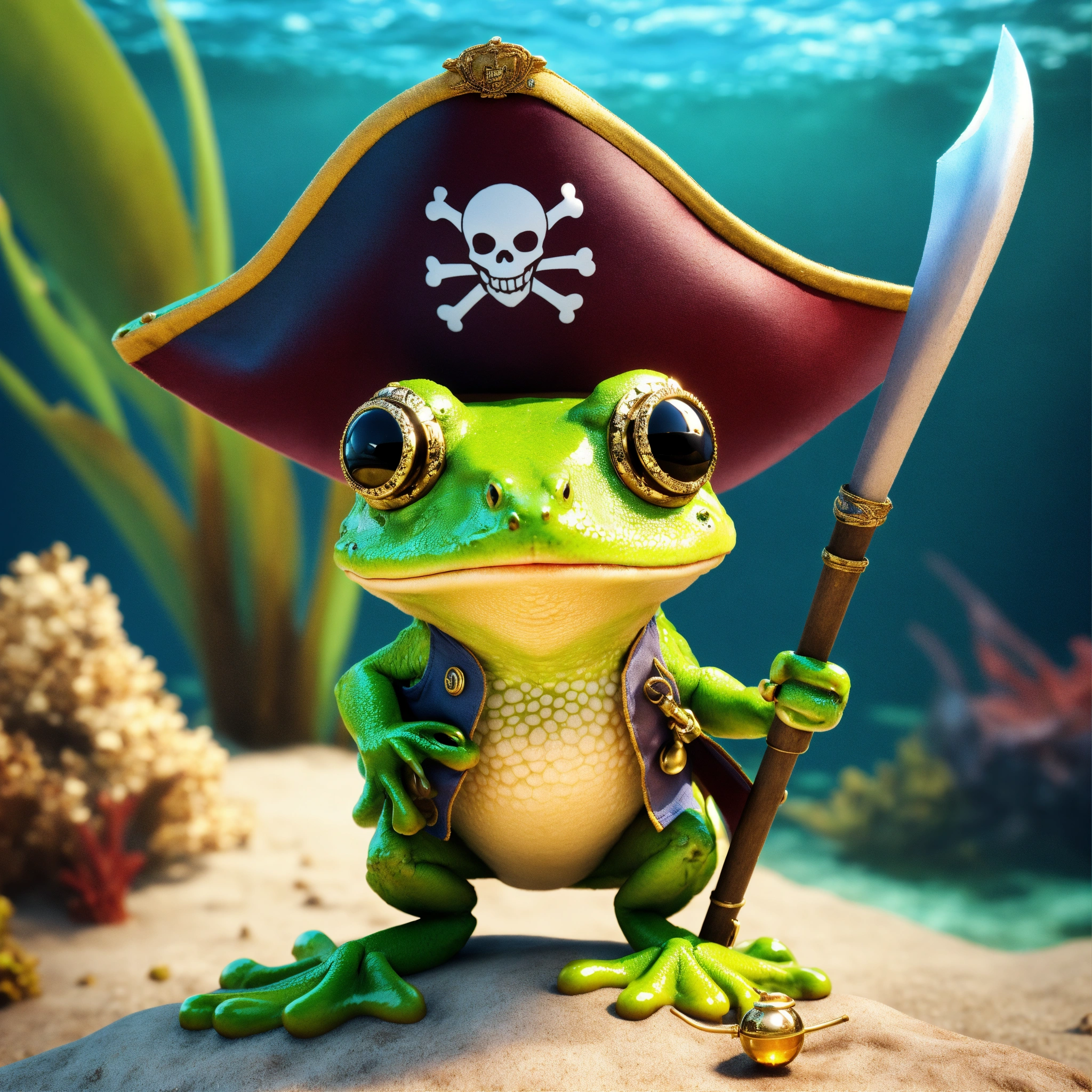 Lexica - Pirate frog, wearing a pirate hat, holding a pirate flag ...