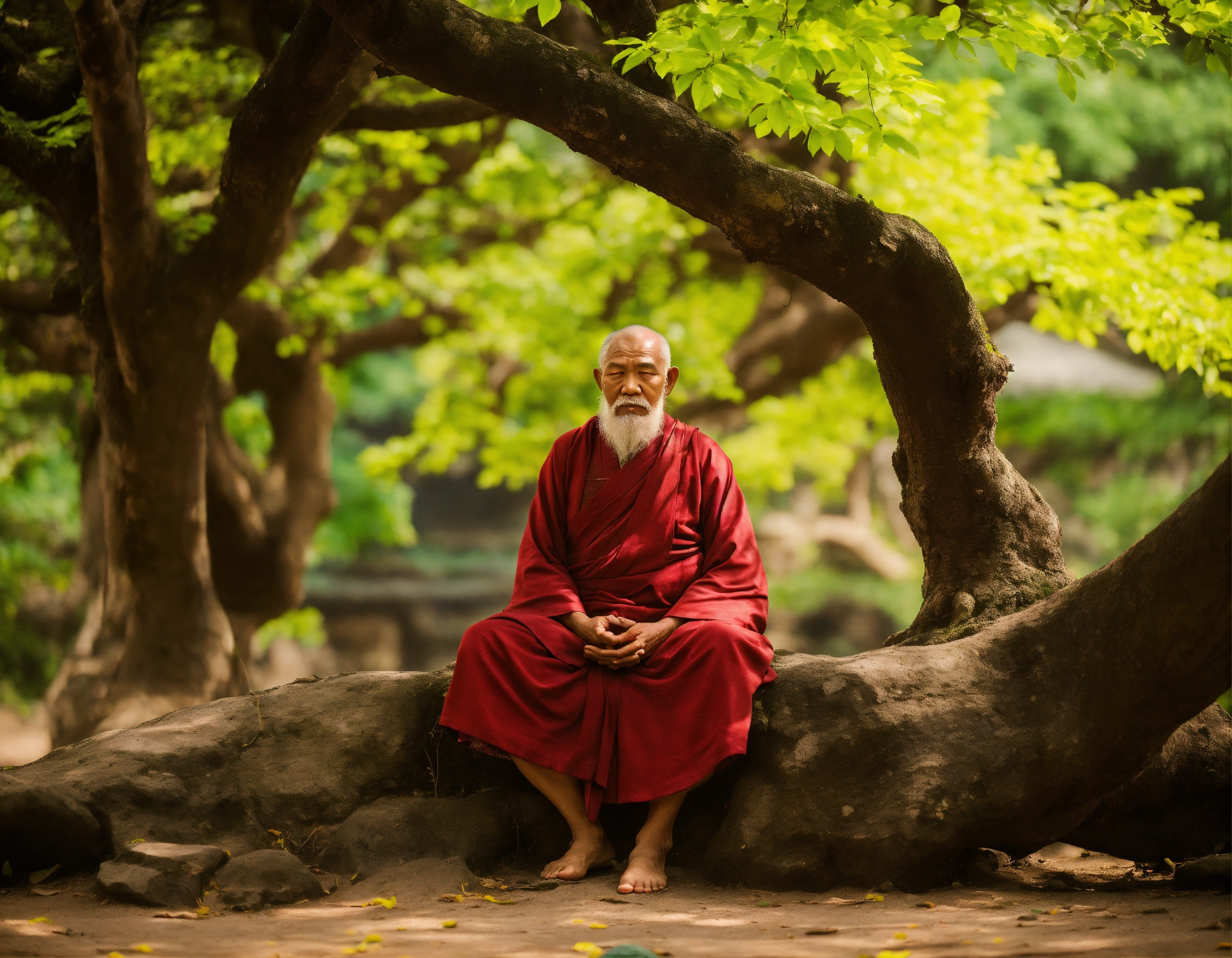 Lexica - Wise old monk in meditation under tree in a tranquil place