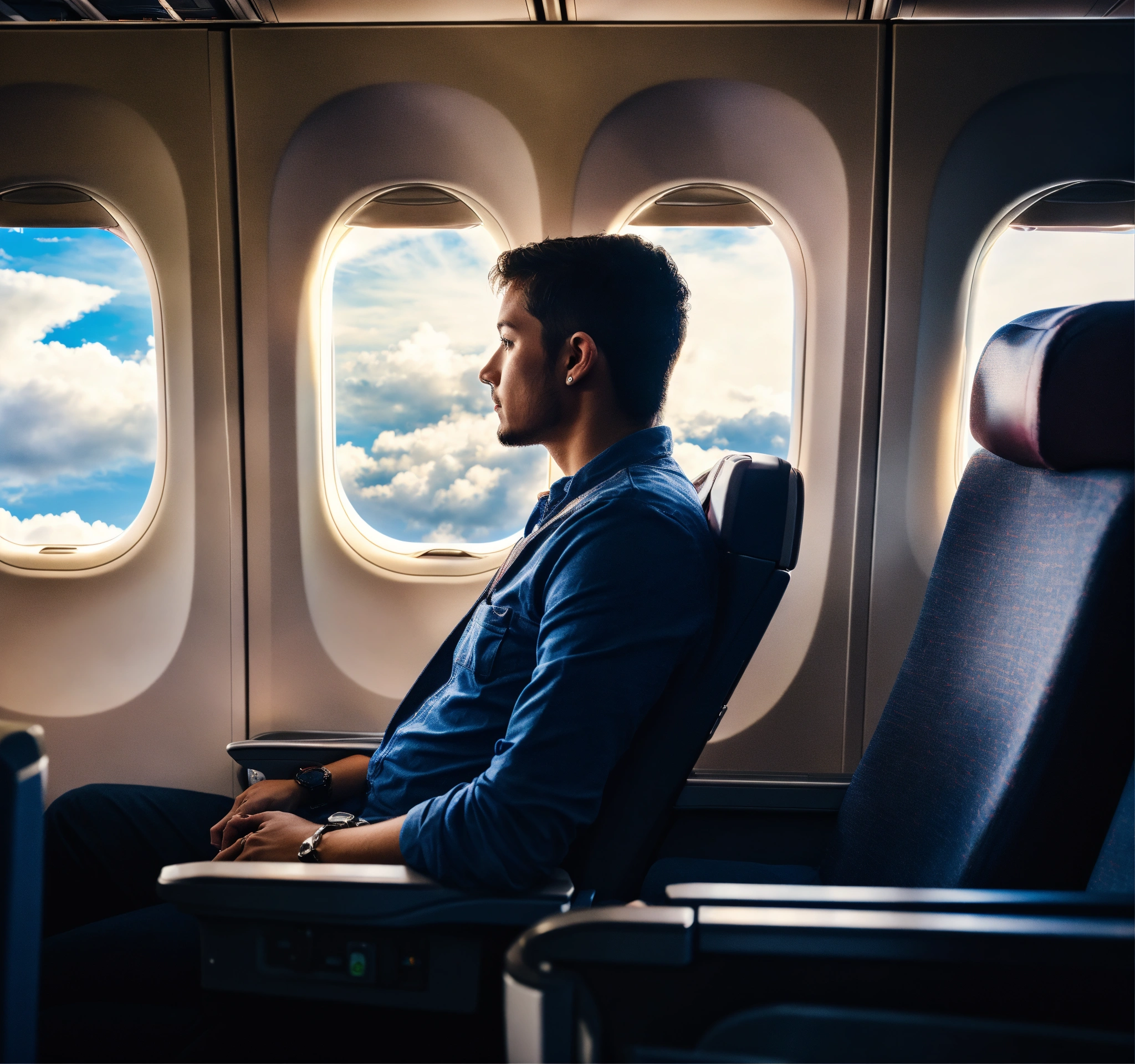 Lexica - A photo of a passenger on an airplane. The passenger is ...