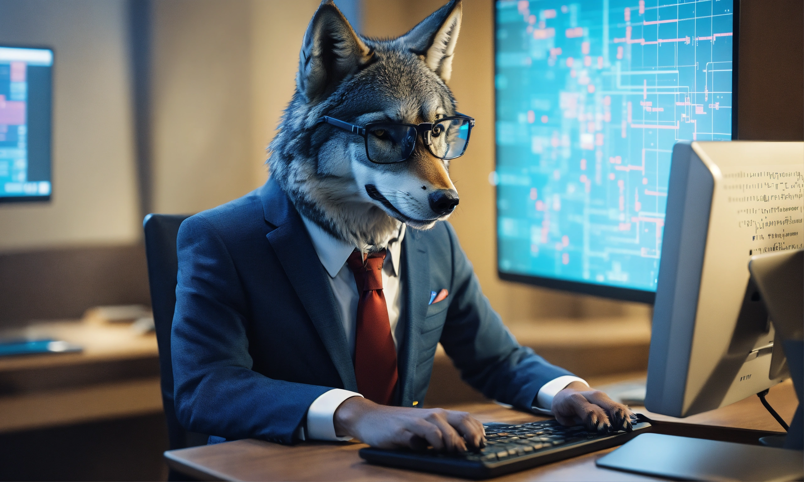 Lexica - A wolf wearing a suit with glasses coding on computer