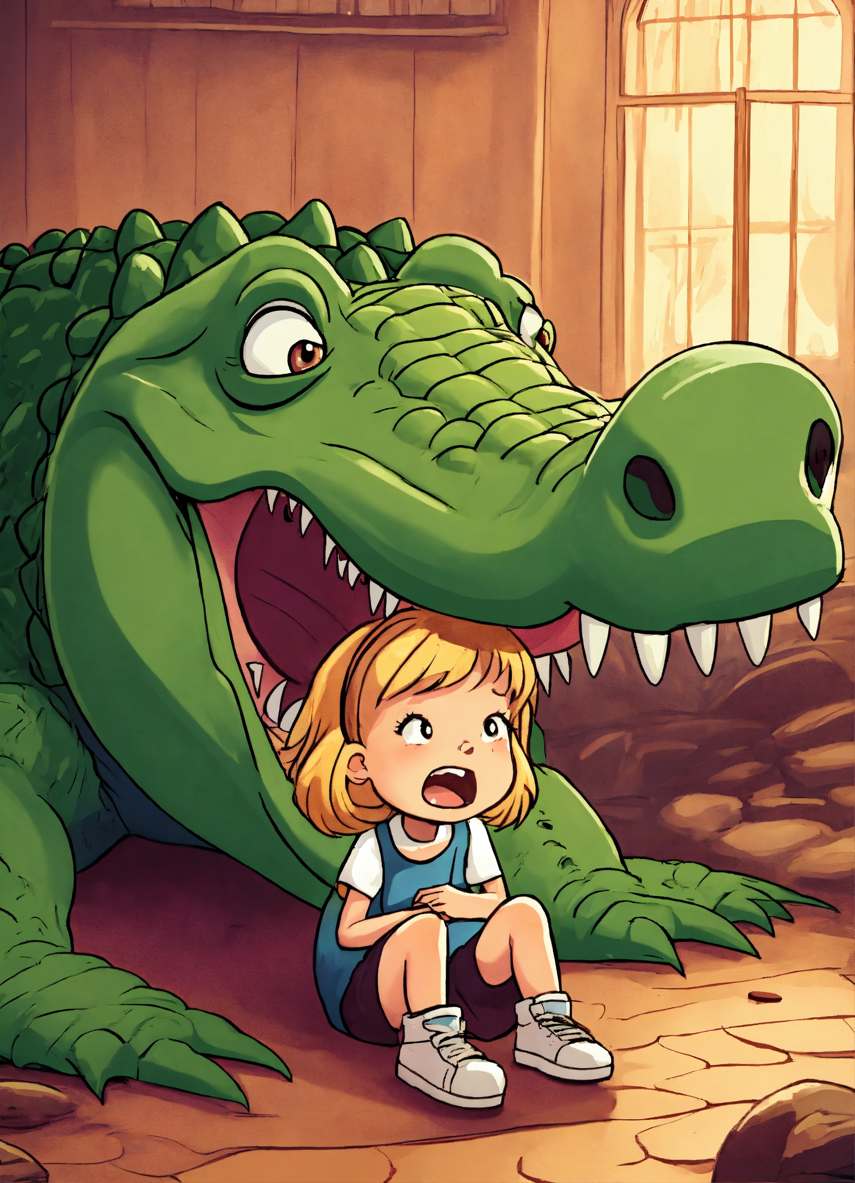 Lexica - Scared little girl sitting deep entirely inside crocodile's ...