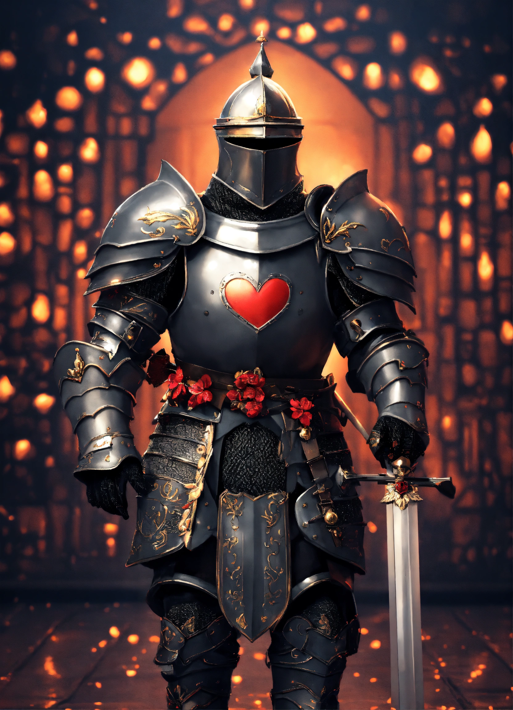 Lexica - Tall bulky knight in dark gray armor with heart shaped ...