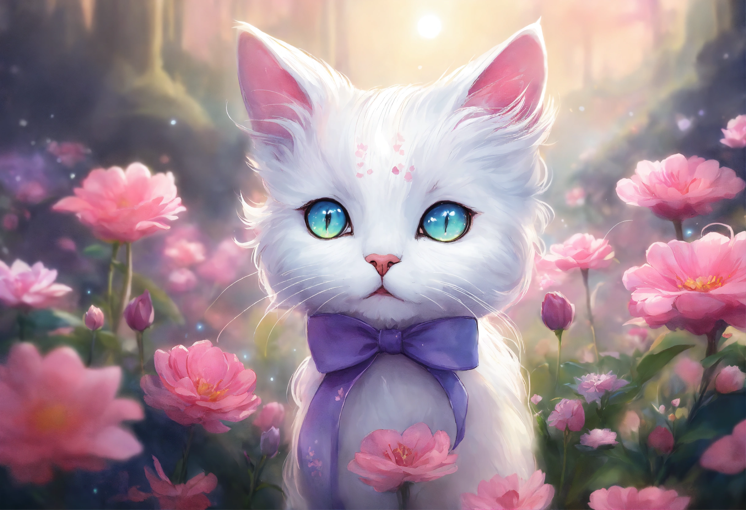 Lexica - Ethereal fantasy concept art of chibi white cat with pink bow ...