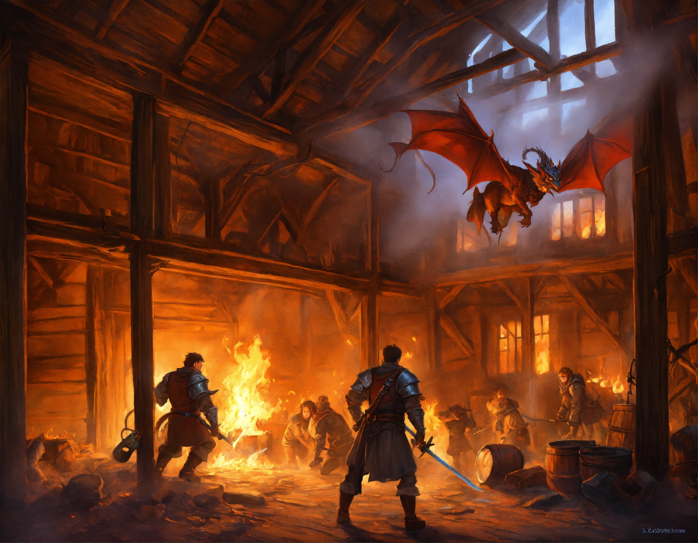 Lexica - Fantasy adventurers in an old barn battling fire gargoyles ...