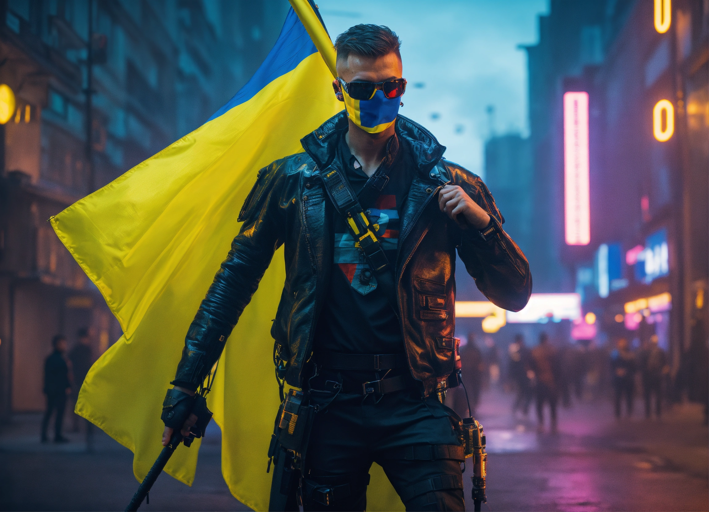 Lexica - Cyberpunk city man with flag of ukraine, nightclub cyberpunk style