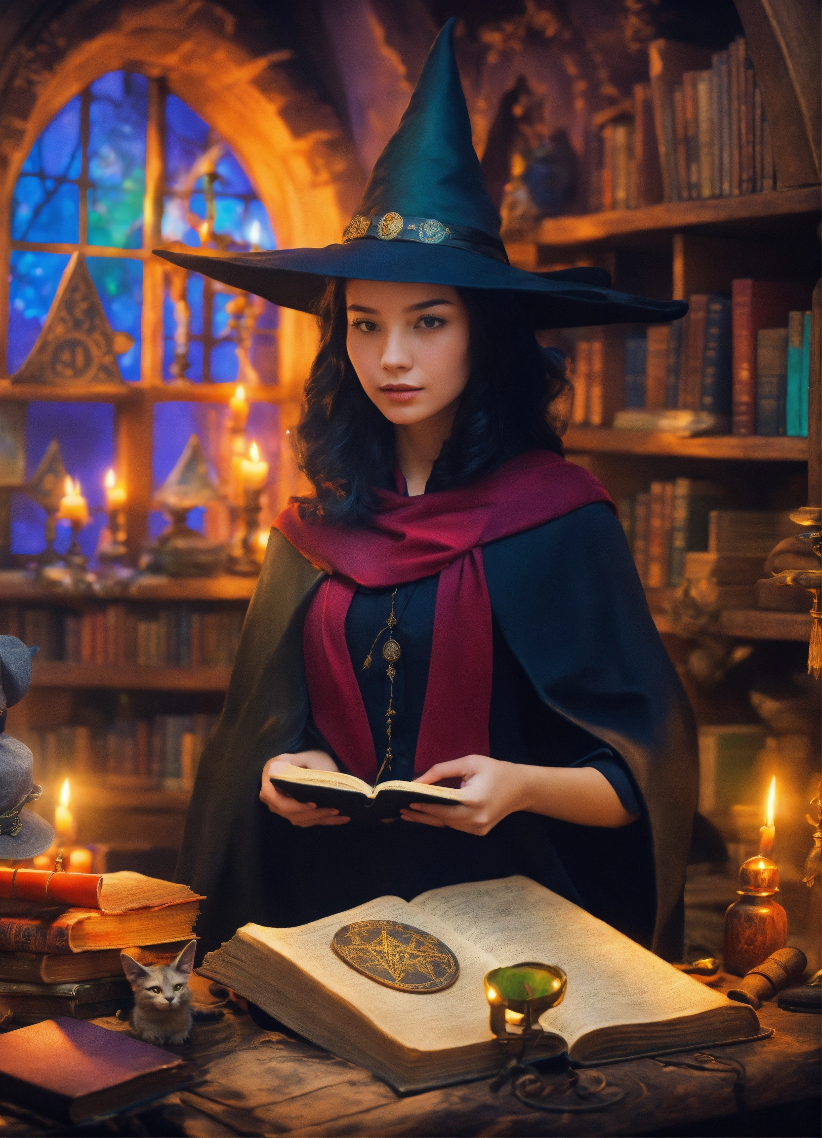 Lexica - Vividly colorful witch school, witch with black hat and cape ...