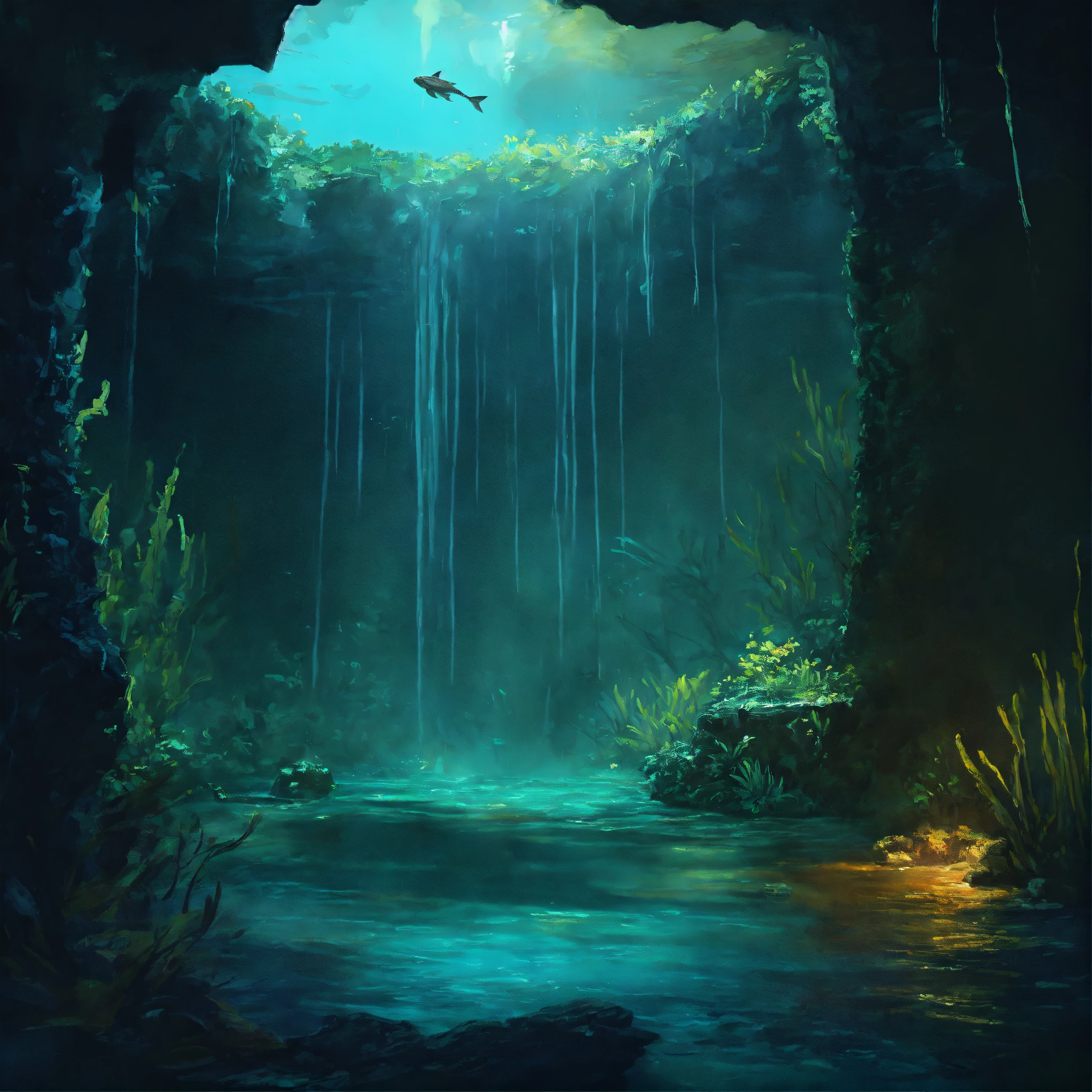 Lexica - Concept art of an scary dark underwater cenote, low light, oil ...