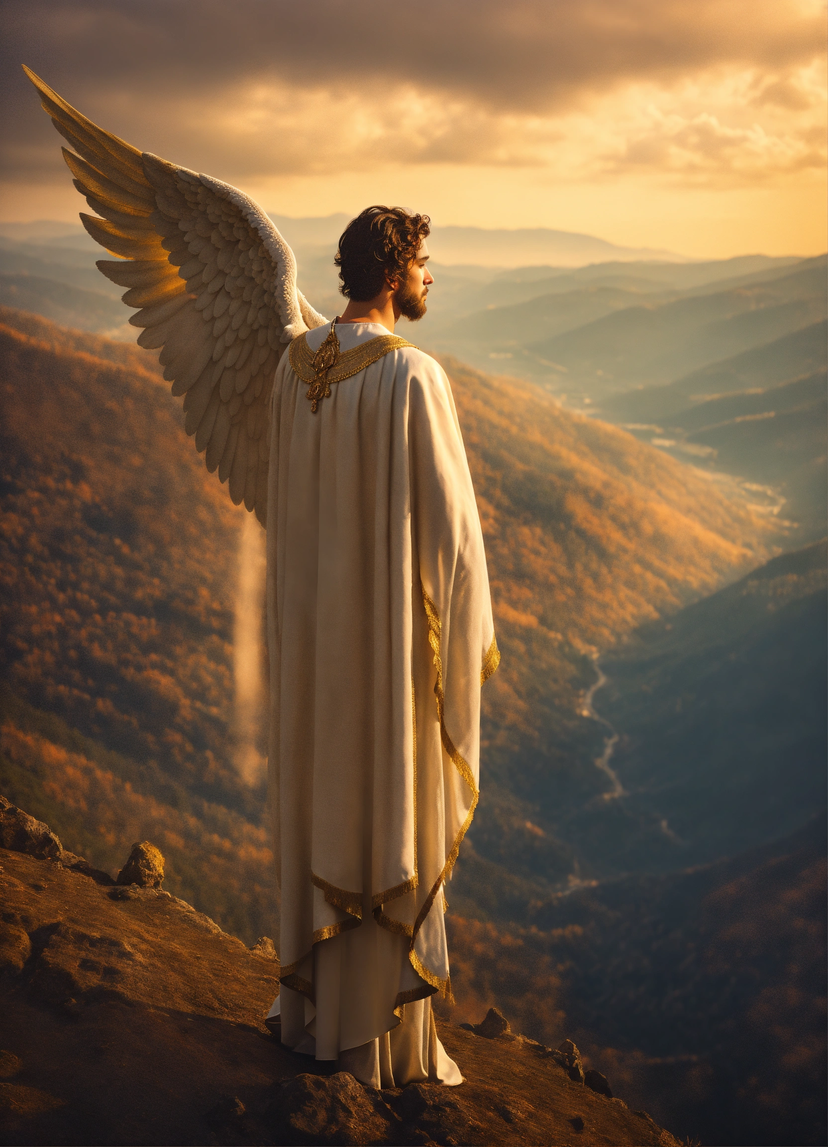 Lexica - A male angel looking down on the mountain at the people marching