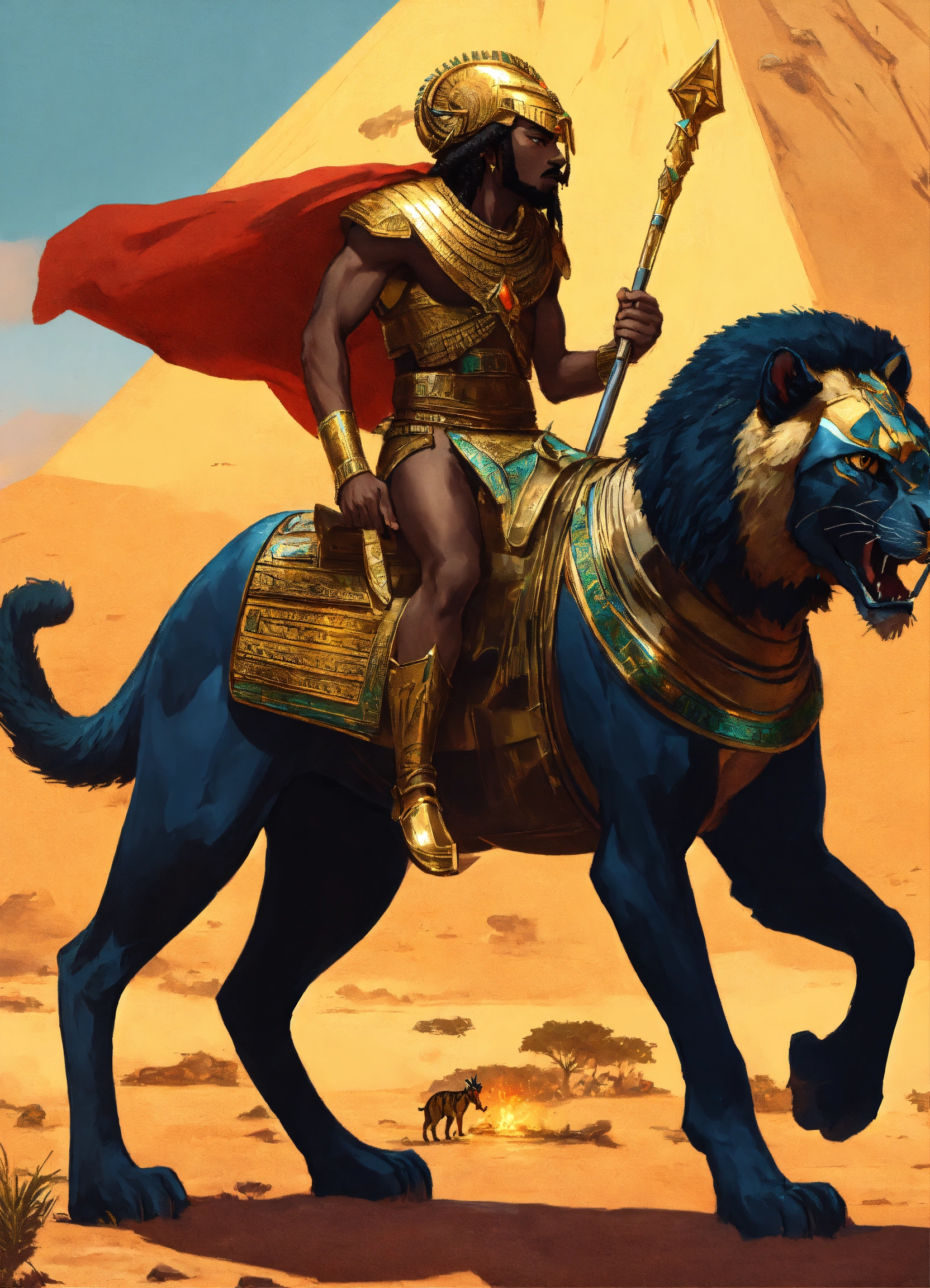 Lexica - An Ethiopian futuristic armored Pharaoh riding a Smilodon