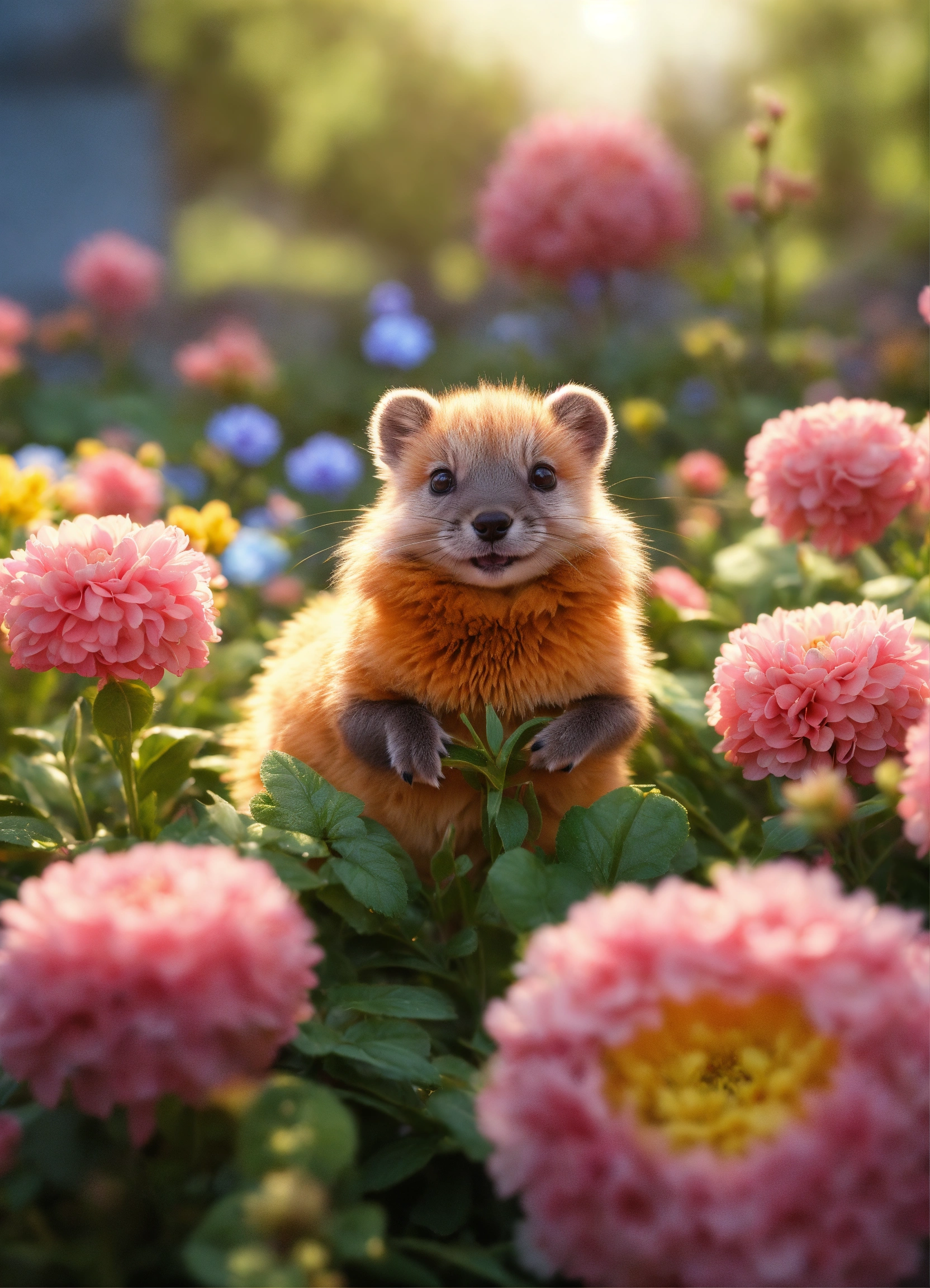 Lexica - A cute little furry creature in a flower bed with a flower in ...